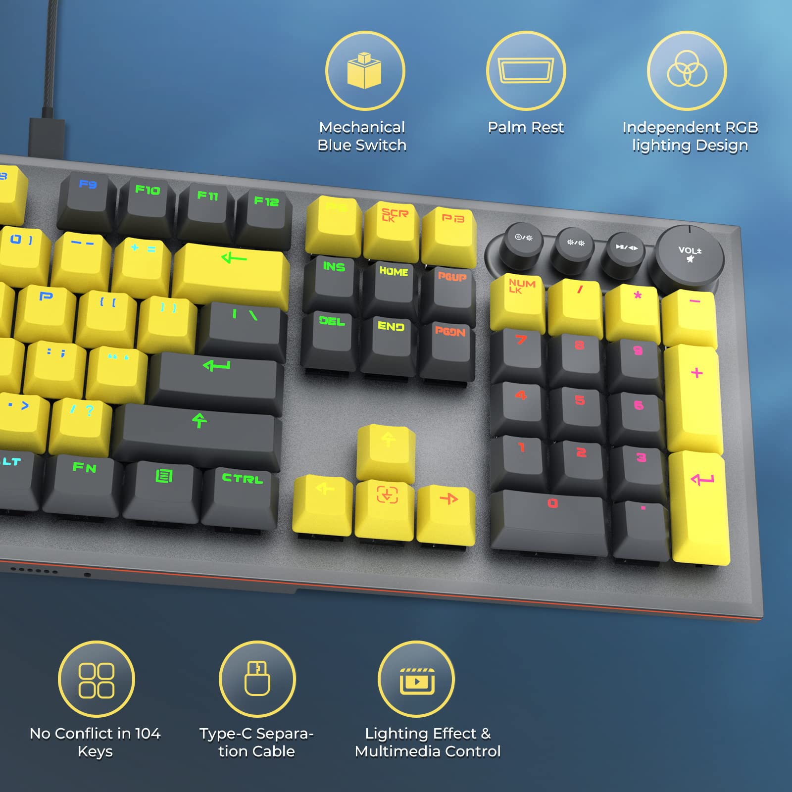 Mechanical Gaming Keyboard, PowerLead Wired Keyboard Rainbow RGB Backlit with Detachable Leather Wrist Rest, Programmable Settings with N-Key Flip, for Windows PC/MAC Games (104 Keys, Blue Switch)