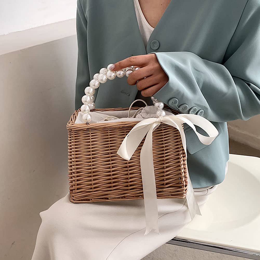 Pearl Handle Rattan Handbag, Straw Shoulder Bag Tote Bags, Mini Basket Handbag