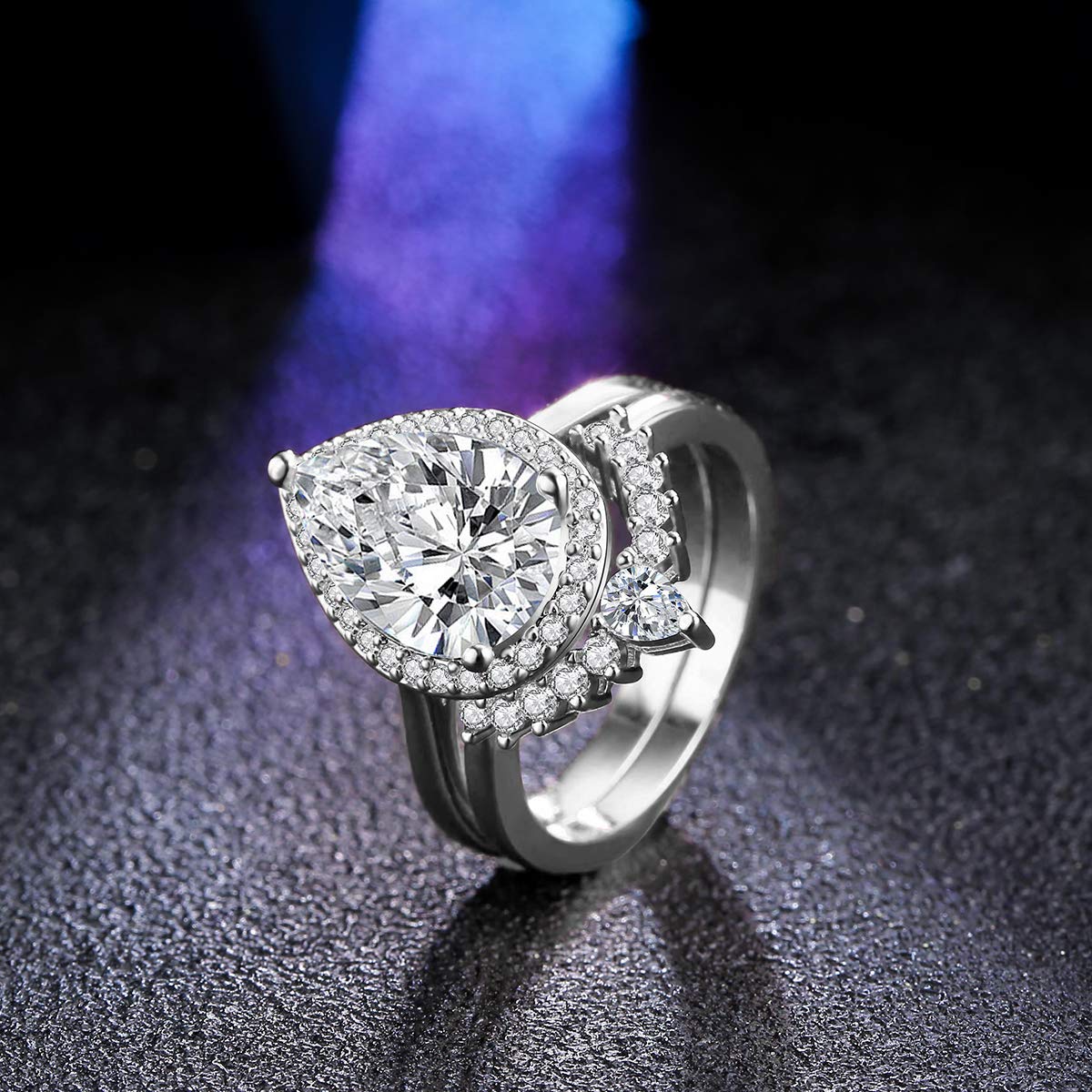 LAZLUVU 4.85 Carat Teardrop Cubic Zirconia Rings Set Wedding Engagement Promise White Gold Stackable Ring for Women Mothers Rings Gift Size 5