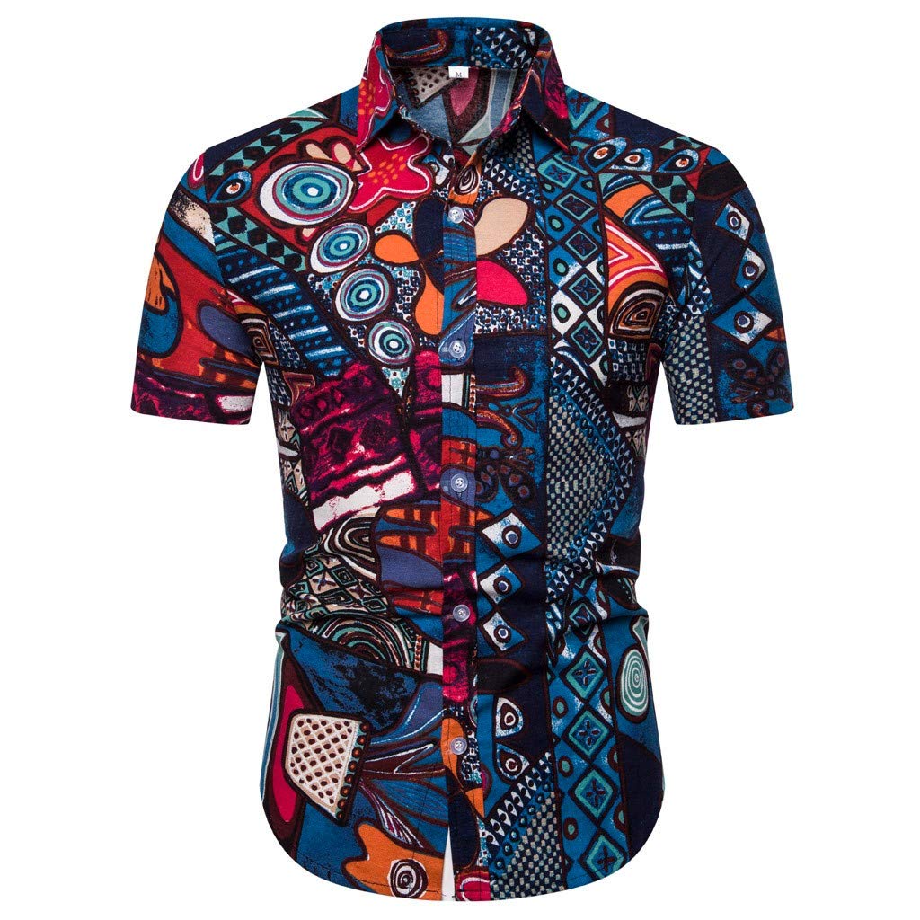 Men's Hawaiian Cotton Linen Printed Short Sleeve Henley Shirts Bohemian Tops