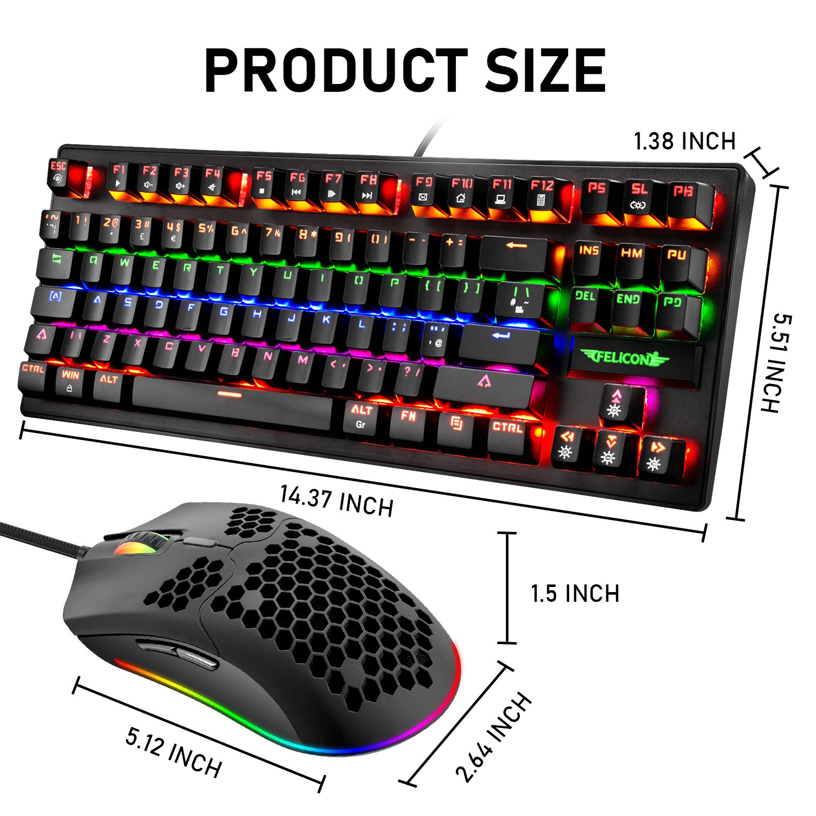Mechanical Gaming Keyboard and Mouse Combo with Full 88 Key Anti-ghosting Rainbow Backlight Ergonomic Floating Plate 6400DPI Honeycomb Mice USB Wired for PC MAC Gamer Office Typist(Black/Red Switch)