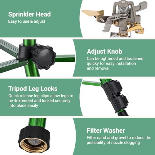 Tripod Sprinklers for Yard, Yumatum Lawn Sprinkler with 360 Degree Large Area Irrigation, Heavy Duty Adjustable Height from 16β-37β, 3/4 Inch Connector Sprinkler for Lawn/Yard/Garden, 1 Pack