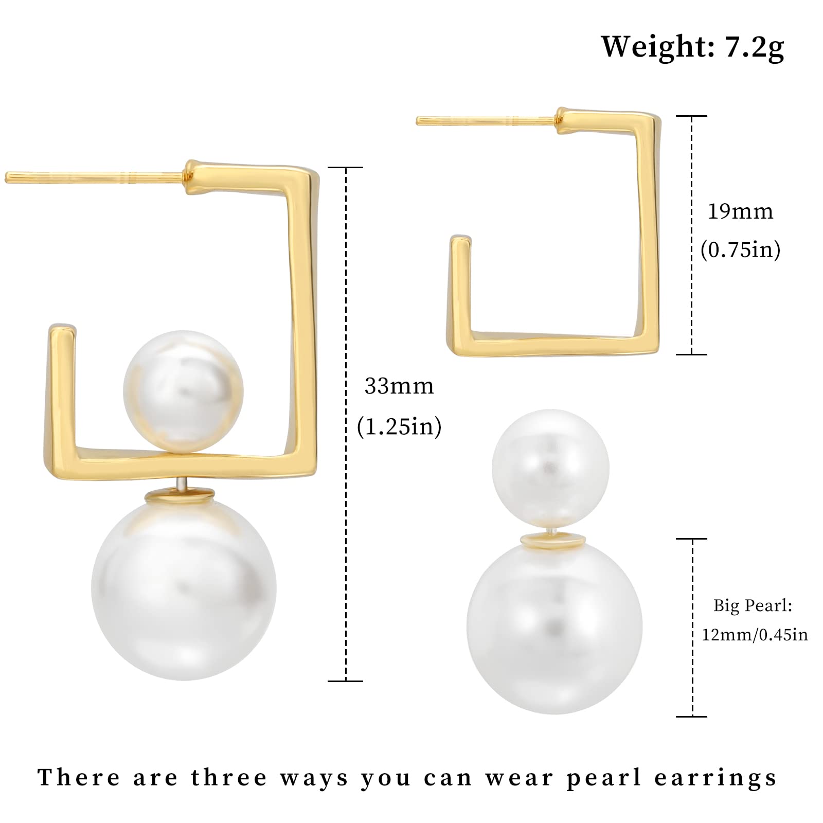 Pearl Earrings Studs 16K Gold Plated Multi-Wearing Pearl Pendants 925 Sterling Silver Needle Double Sided Earring for Women