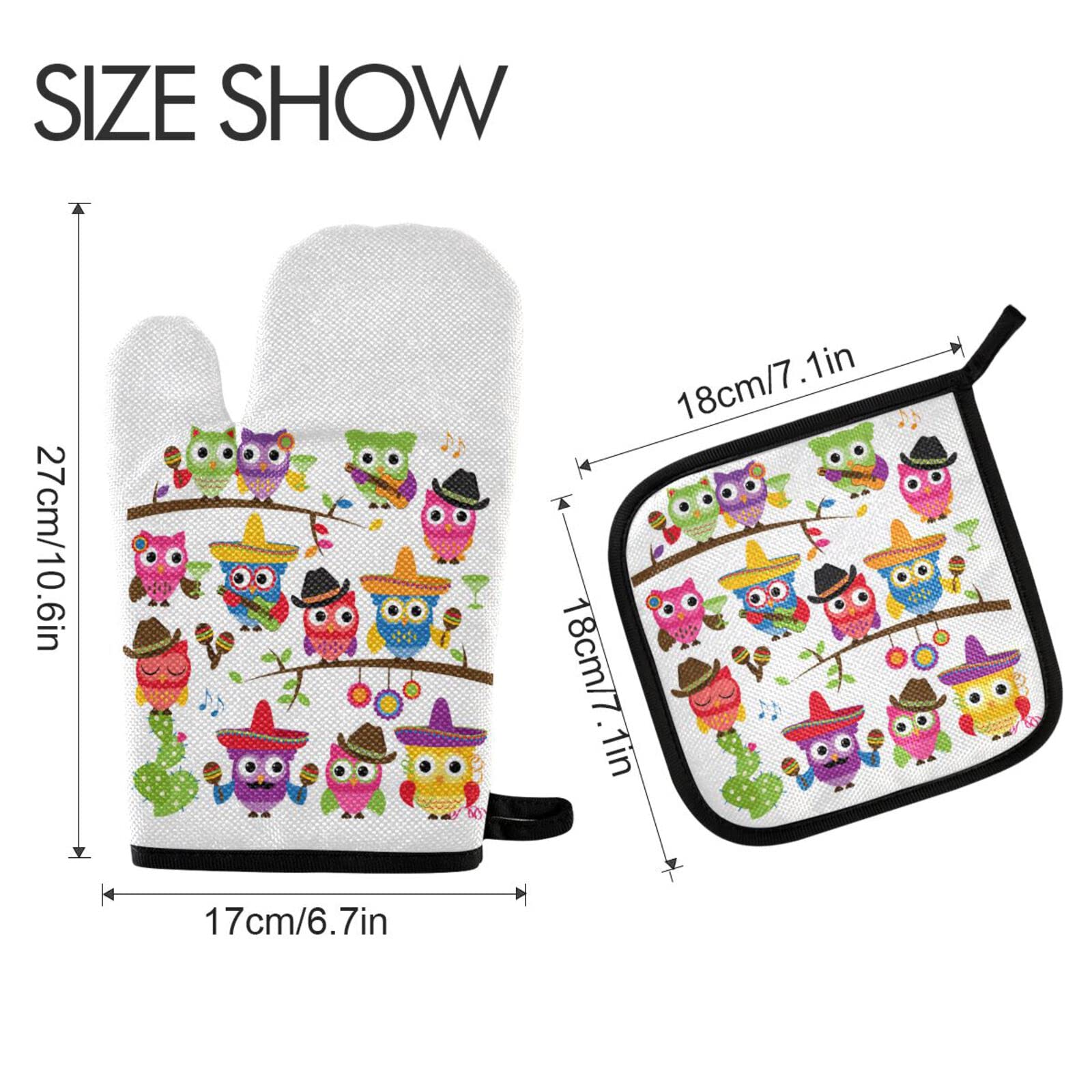 Oven Mitts Set Cinco De Mayo Owl Birds Pot Holders Spring Summer Kitchen Oven Glove Baking Mitts 2PCS Cooking Stove Gloves Potholders Heat Resistance Hot Pads for Grilling BBQ Holiday Decor Gift
