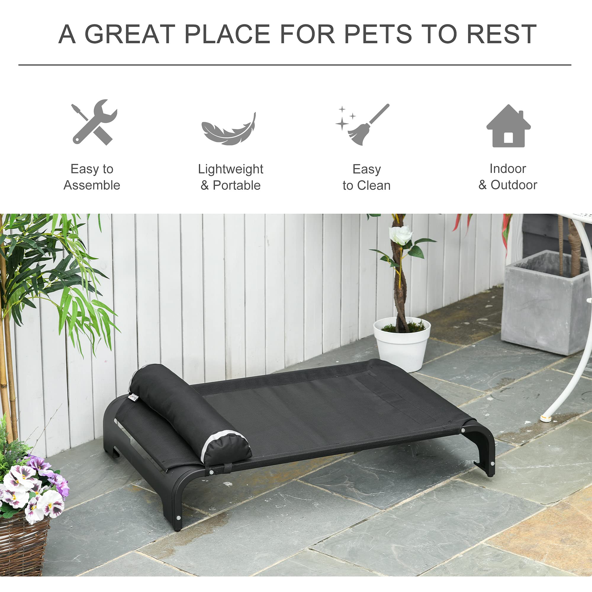 PawHut Elevated Dog Bed w/Removable Pillow, Raised Pet Bed w/Steel Frame & Breathable Mesh Fabric for Large and Medium Sized Dogs, Black