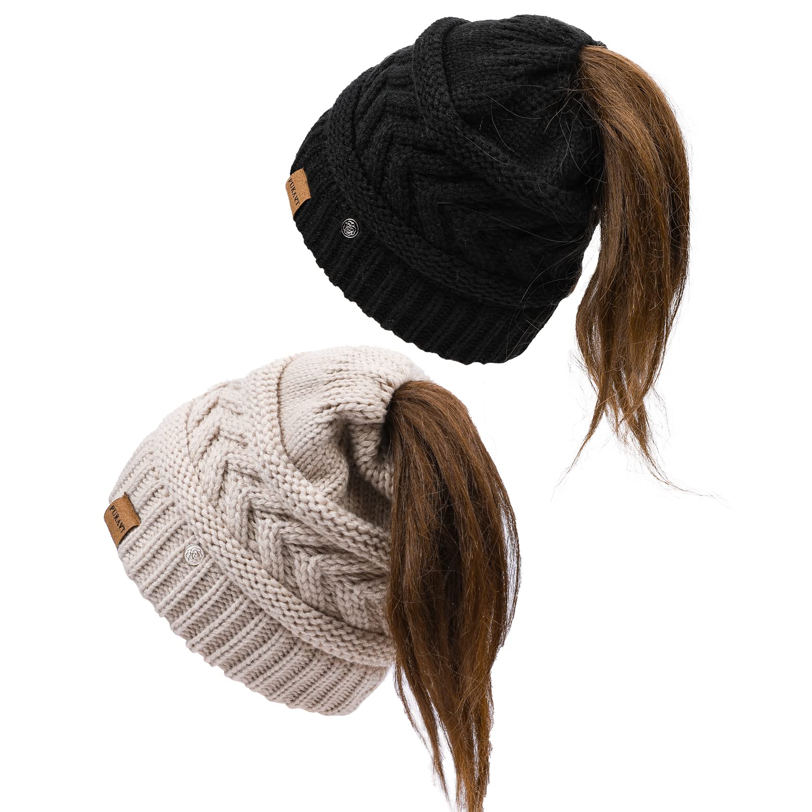 Pukavt 2 Pack Winter Ponytail Beanie Hat for Women,Soft Stretch Cable Knit Messy Bun Beeanie,Trendy and Warm Beige/Black