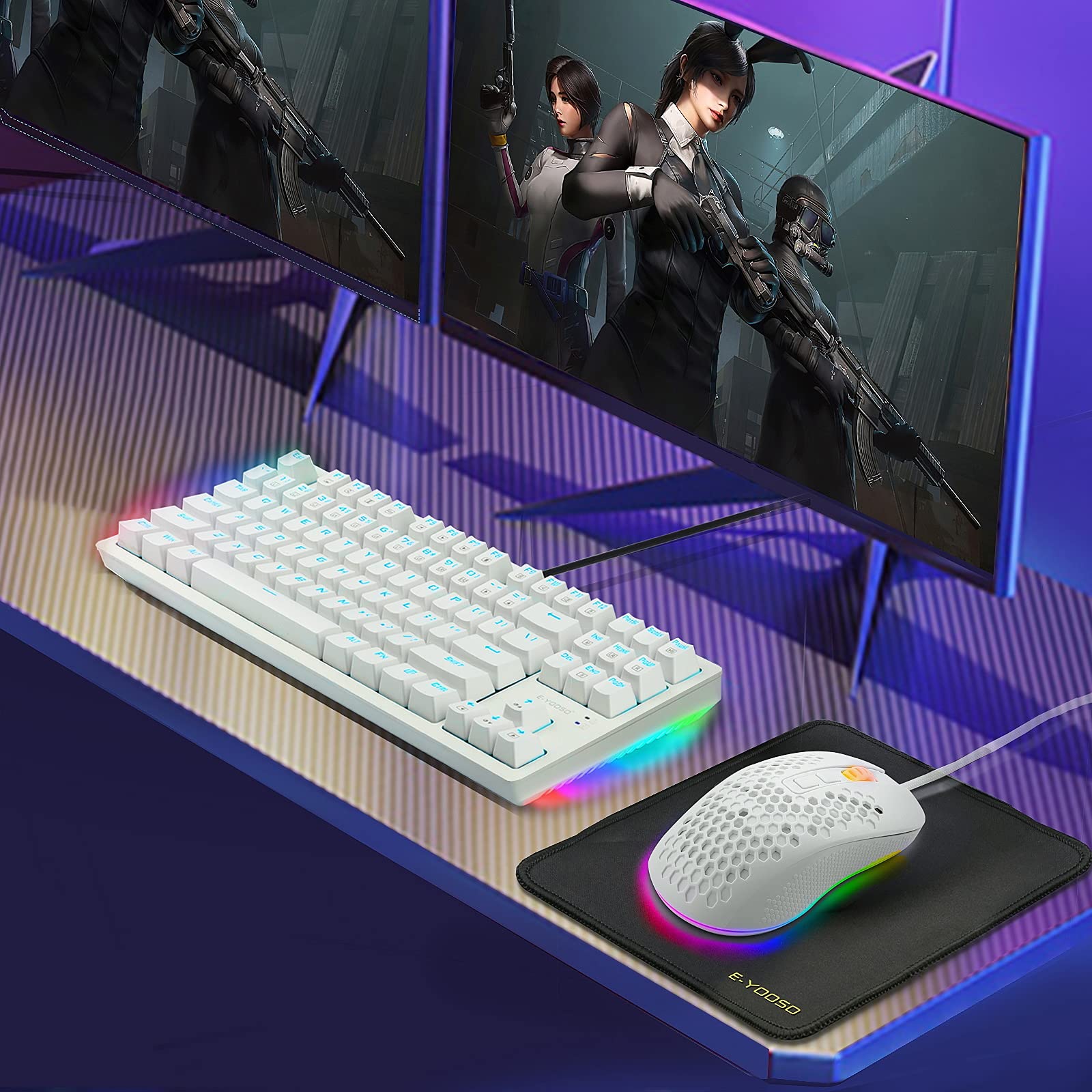 Mechanical Keyboard and Mouse Combo, E-YOOSO Blue Switches Wired Gaming Keyboard and Mouse 87 Key Mechanical Keyboard with Blue Backlit & RGB LED Sidelight and Mouse Pad, for Windows/Mac/Gaming(White)