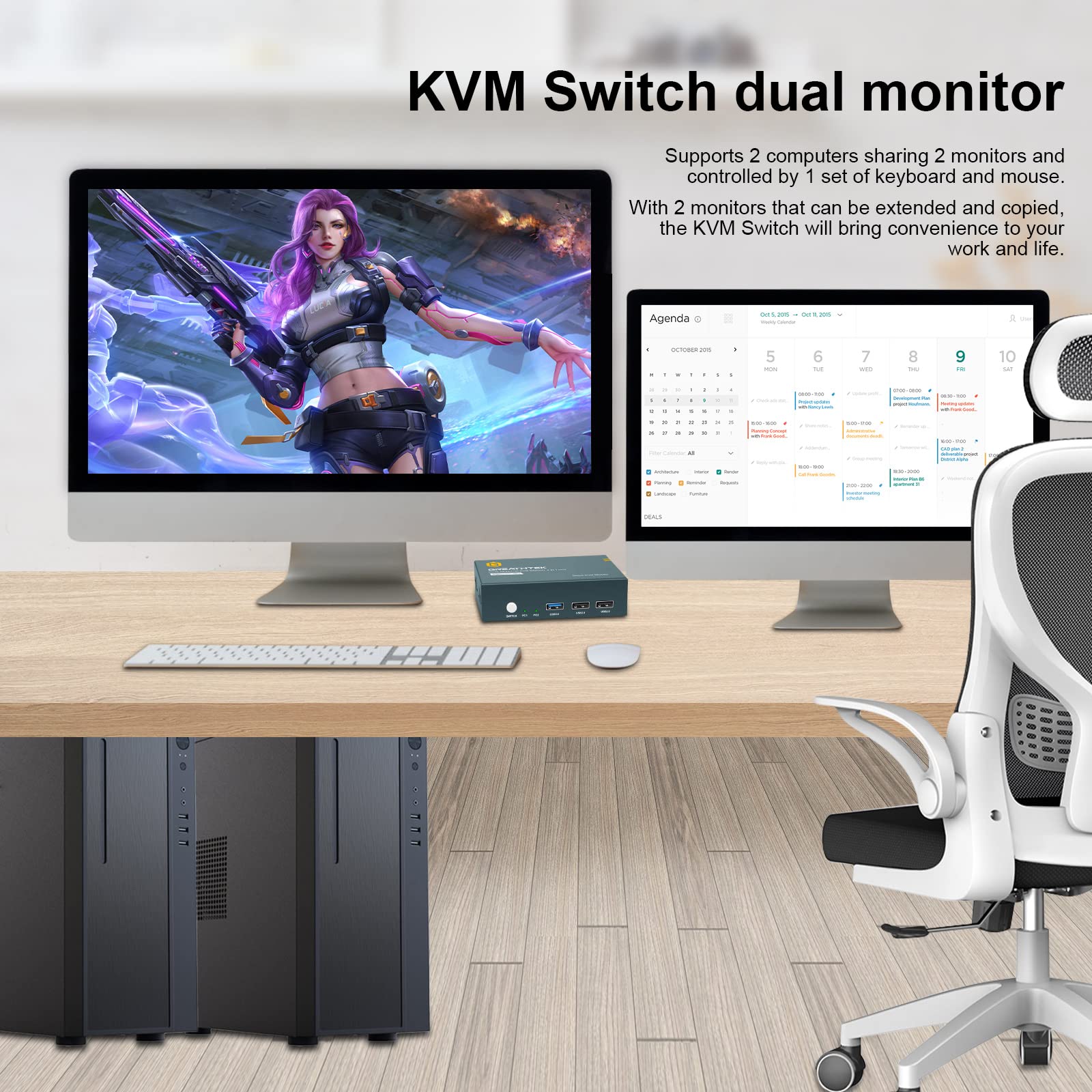 USB 3.0 KVM Switch Dual Monitor DisplayPort 4K@60Hz, 2 Port DP KVM Switch 2 Monitors 2 Computers with USB 3.0 Port, Support Button Switch 2 PCs Share USB Devices, with 4 DP Cables and 2 USB3.0 Cables