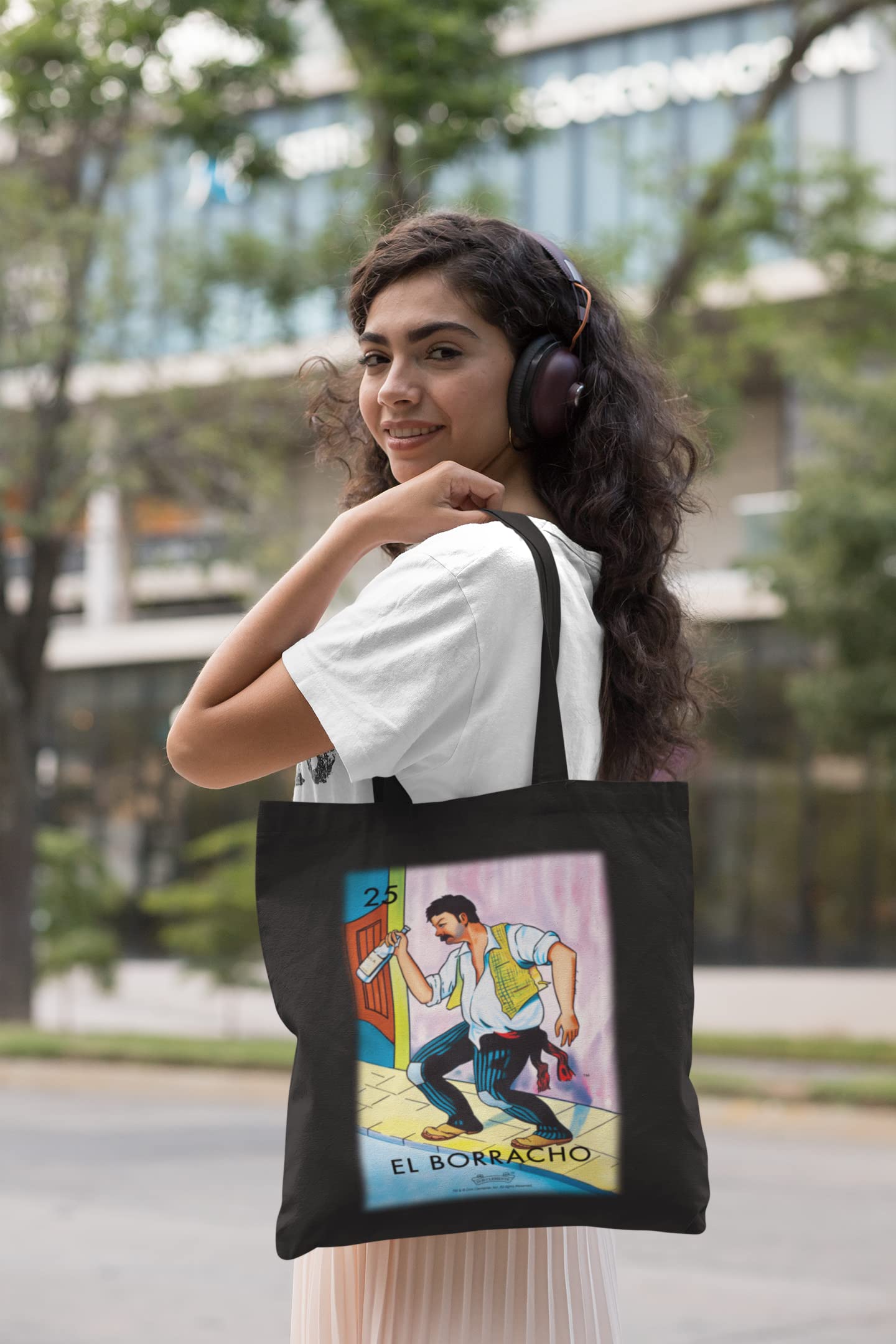 Pop Threads El Borracho Drunk Loteria Card Mexican Latina Graphic Tote Bag for Adults Black 15x15 inches