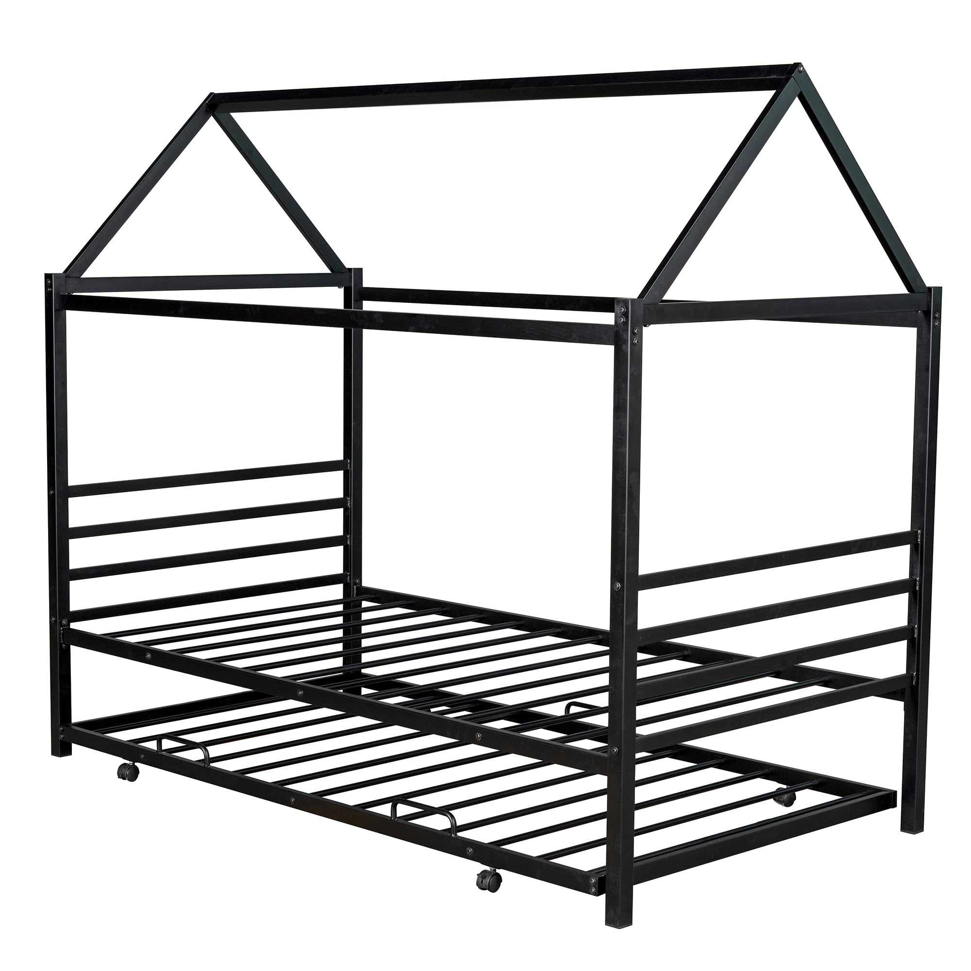 KoiHome Twin Size Metal House Shape Platform Bed with Trundle, Modern Sturdy Metal Bed Frame with Solid Metal Slats for Kids,Teens Bedroom, Space-Saving, No Box Spring Needed, Black
