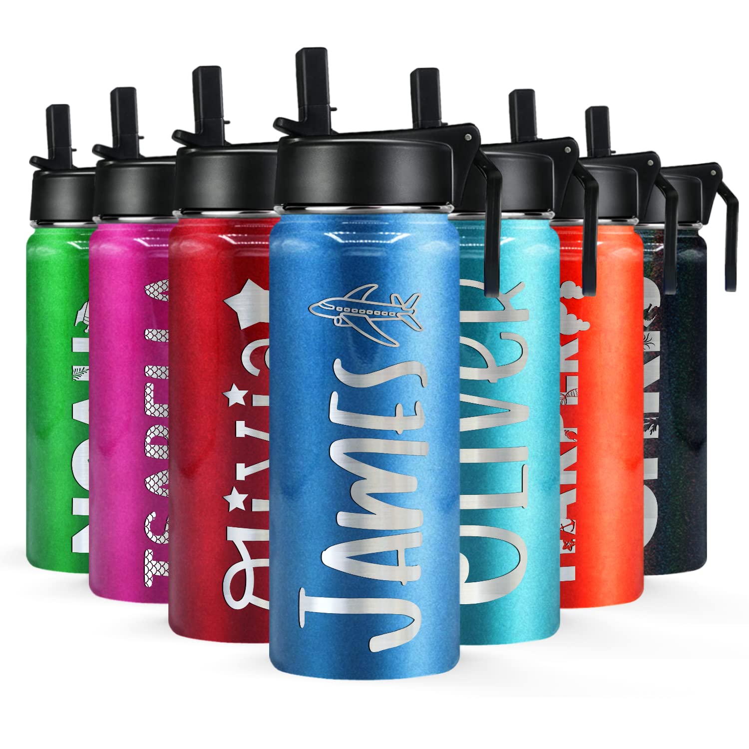 Personalized Kids Water Bottle with Straw Lid on Baby Blue Glitter for School Engraved Custom Children Name 18 oz Modern Insulated