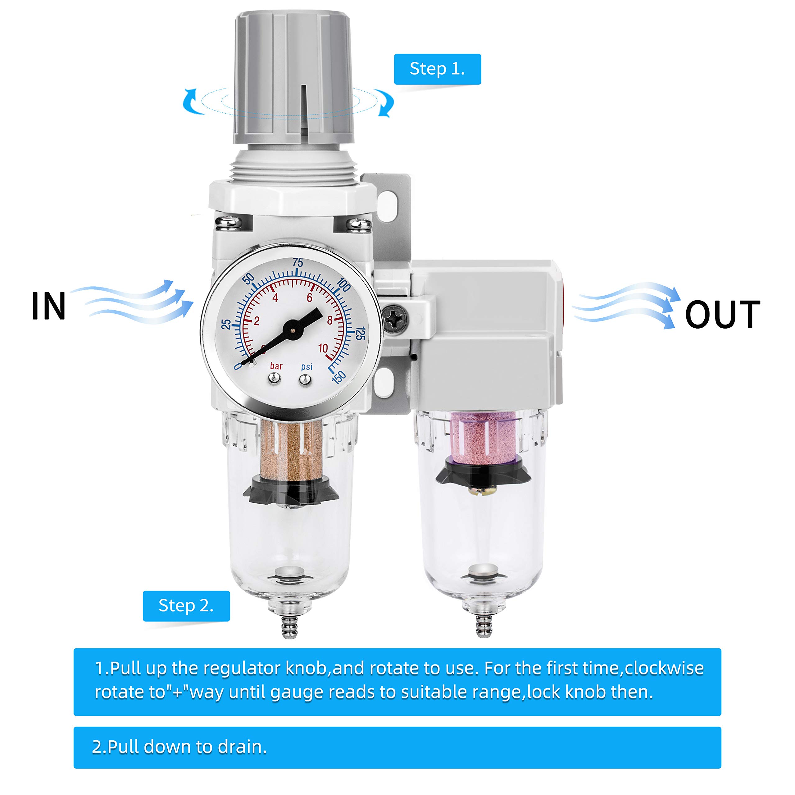 NANPU 1/4" NPT Air Dryer System - 5 Micron Particulate Filter, 0.5 Micron Coalescing Filter & Air Pressure Regulator, Water Trap Separator - Semi-Auto Drain,0-150 psi Gauge, Poly Bowl, Metal Bracket