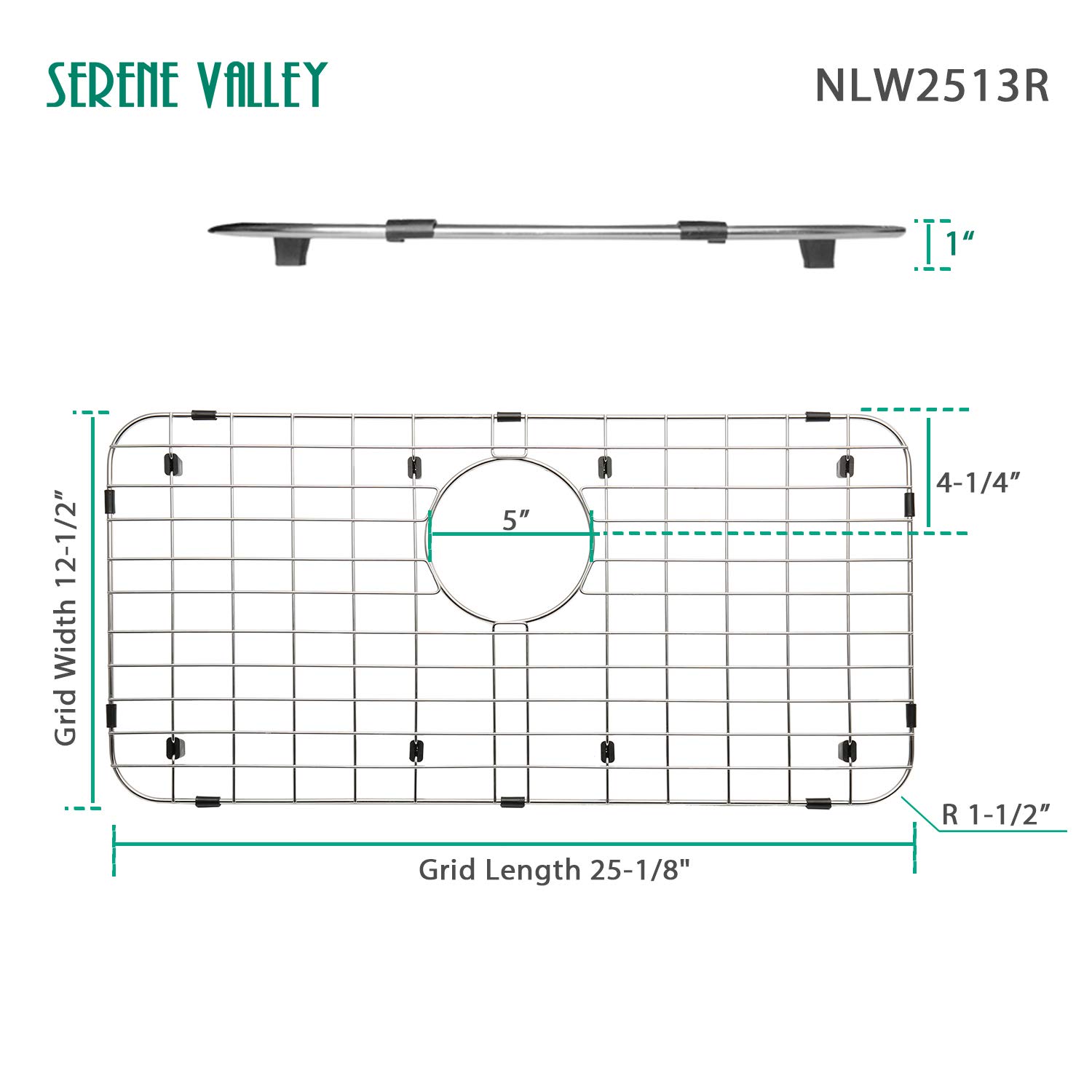 Serene Valley 25-1/4" X 12-1/2β Sink Grid, Rear Drain with Corner Radius 1-1/2", NLW2513R