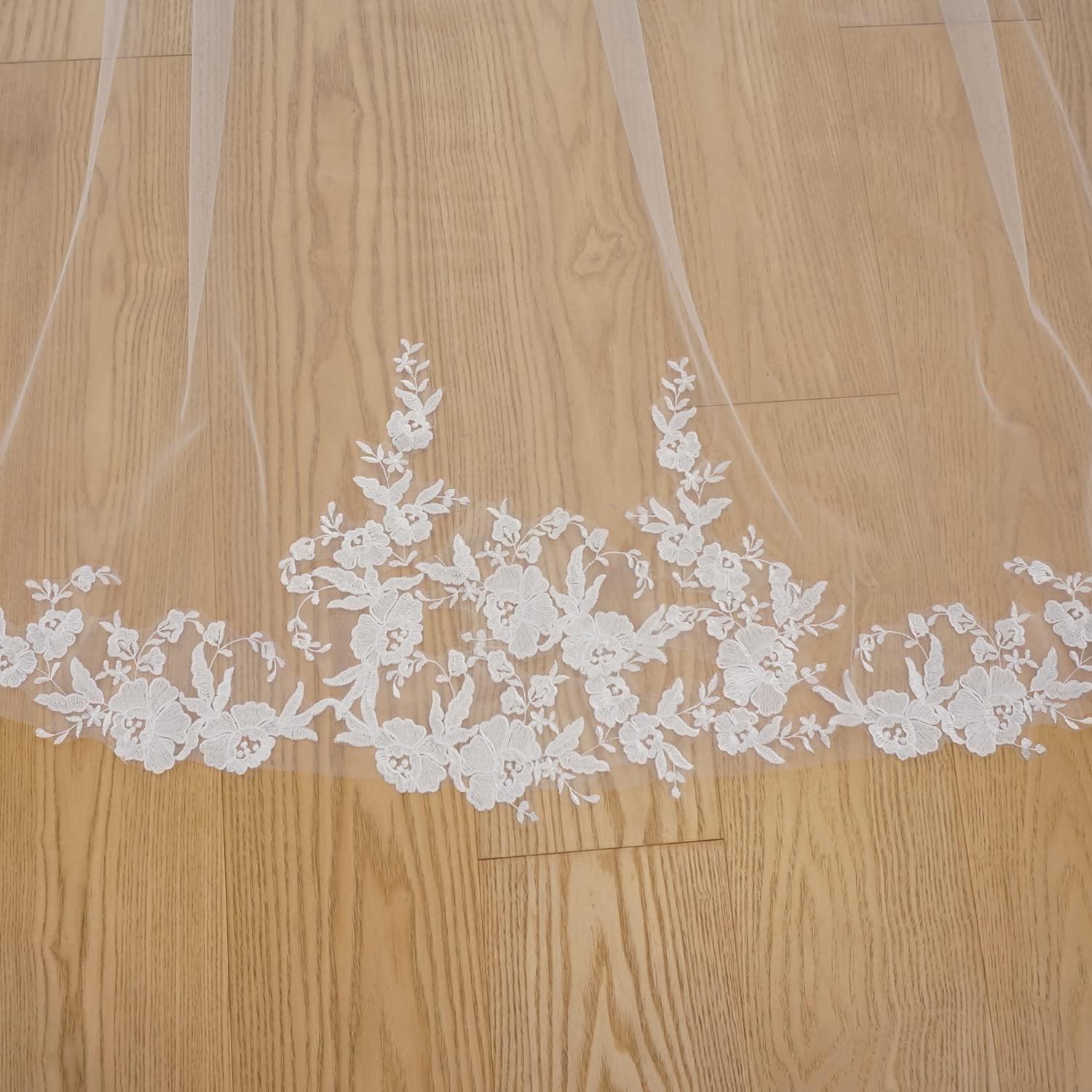 Vintage Floral Wedding Veil, One Layer Cathedral Bridal Veil, Lace Appliqued Soft Tulle Long Veil, Dramatic Bridal Accessory (118inches, Offwhite)