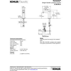 Kohler 99760-4-CP Honesty 1.2 gpm Bathroom Sink Faucet, Single Handle, Polished Chrome