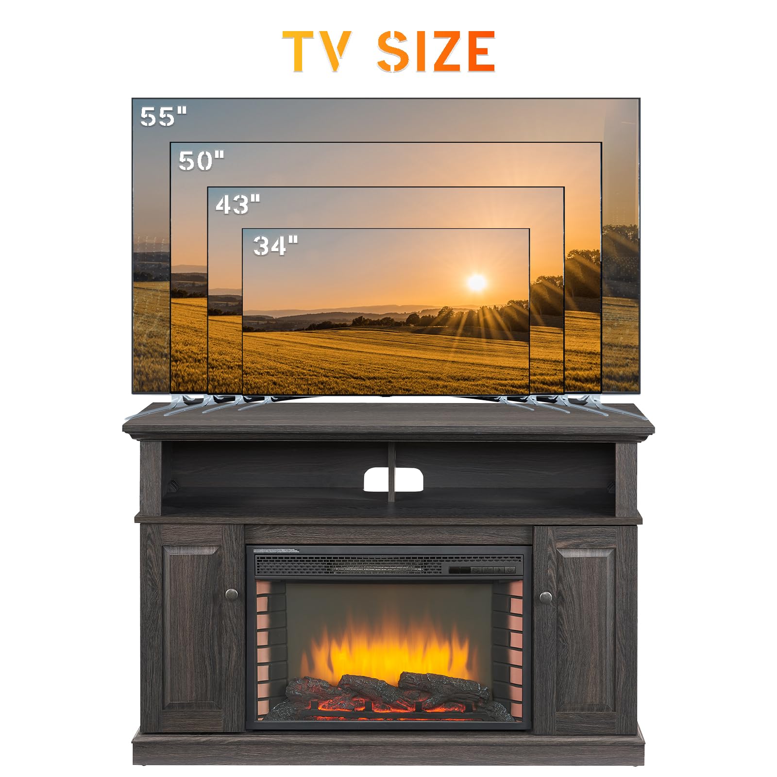 NURTUDIS TV Stand with 27β Fireplace, Fireplace & Overheating Protection and 1-8H Timer Function, Fireplace with Realistic Flame Effect, Modern TV Stand with 2 Cabinet Door for TVs up to 55"