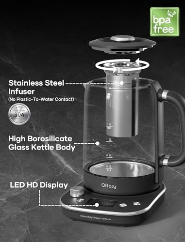 Offacy Electric Tea Kettle, 1.6L 1200W Fast Heating 9 Smart Presets with Removable Infuser Temperature Control 2H Keep Warm, BPA-Free Glass Teapot for Coffee, Boil-dry Protect, Easy to Clean, Black