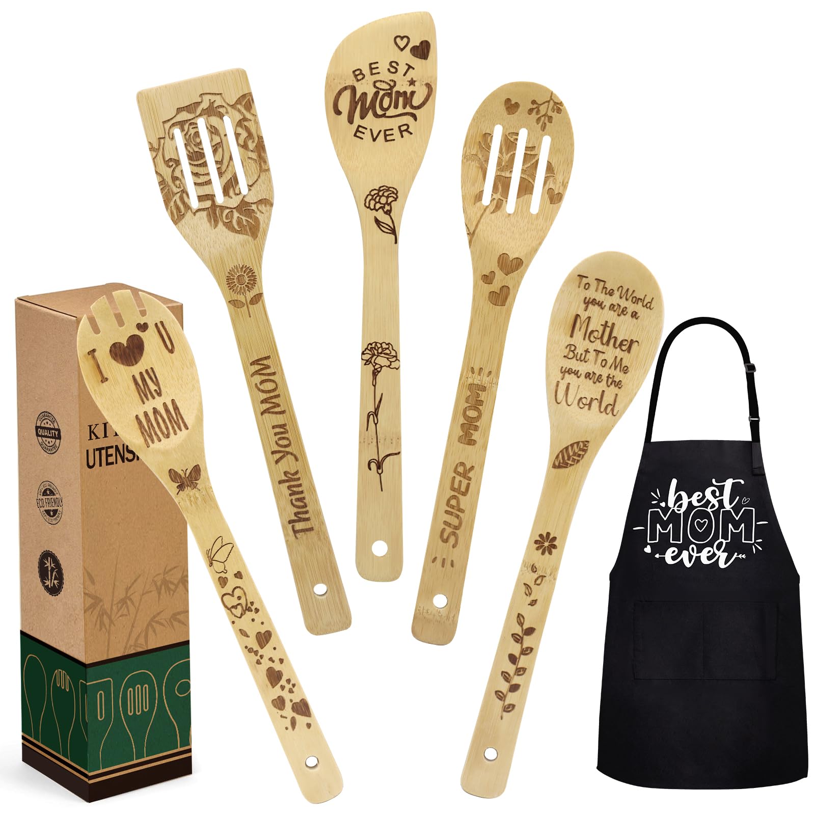 Personalized Motherās Day Gifts for Mom From Daughter Son - Mom Birthday Gifts Women Christmas Gifts - Wooden Cooking Spoons with Funny Apron Kitchen Cooking Gift Set