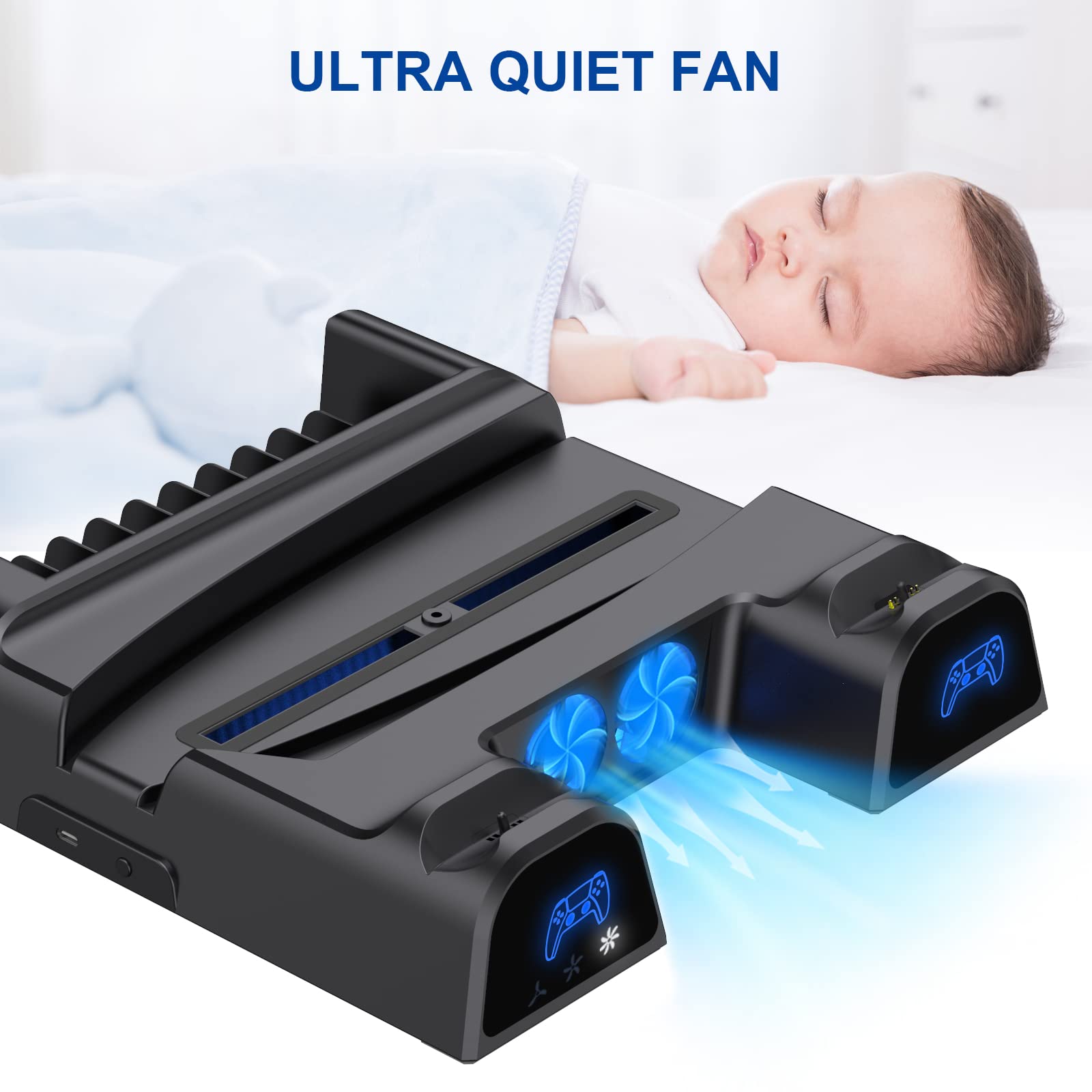 PS5 Stand with Cooling Station and Controller Charger PlayStation 5 Dual Controller Charger Station for PS5 Console with 3 Levels Adjustable Fans Speed and USB Ports 11 Games Storage