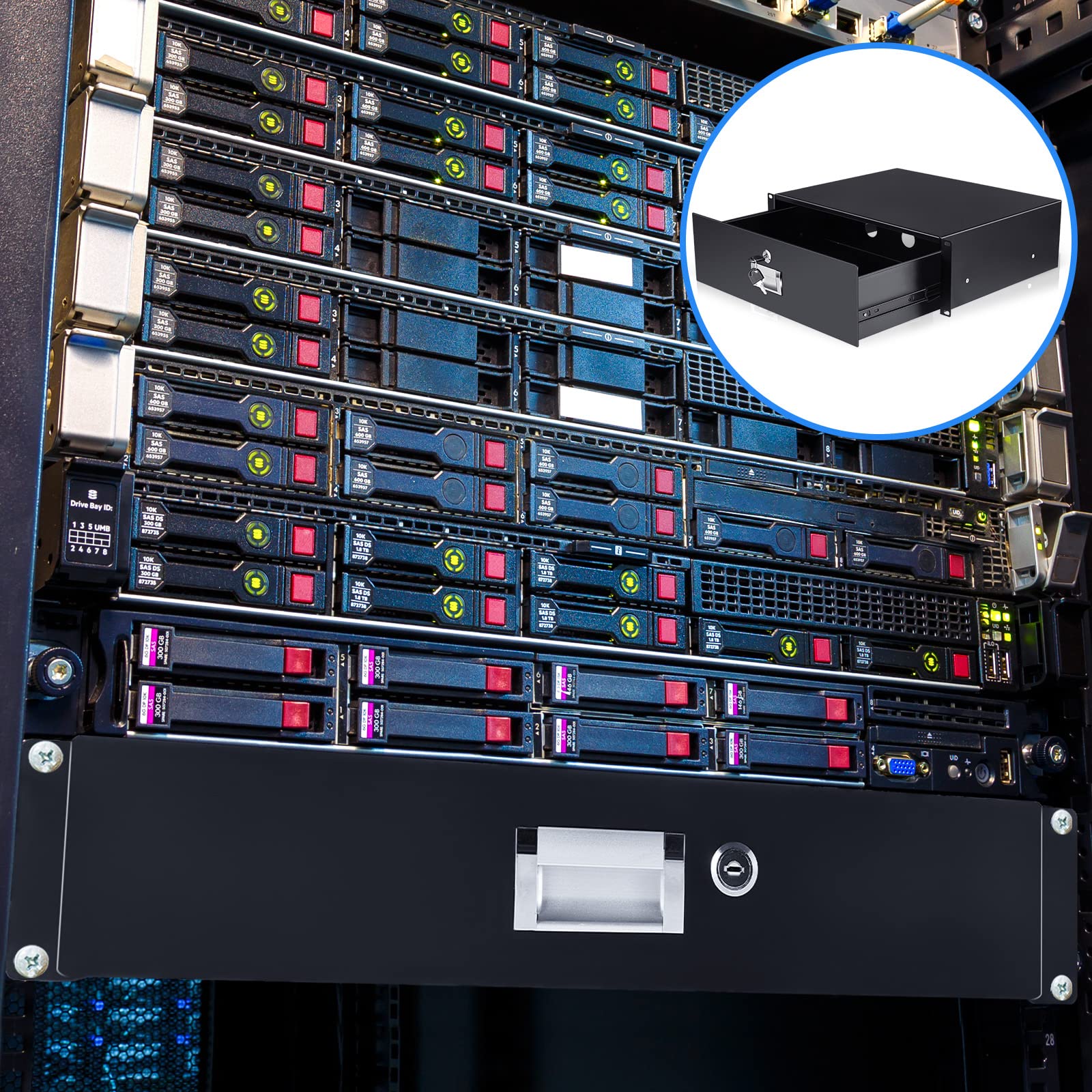 Server Cabinet Case Drawer Metal Rack Mount Tool Drawer 19 Inch Rack Mount DJ Locking Lockable Deep Drawer with Key for Enclosure Server Rack Cabinet Black (3U)