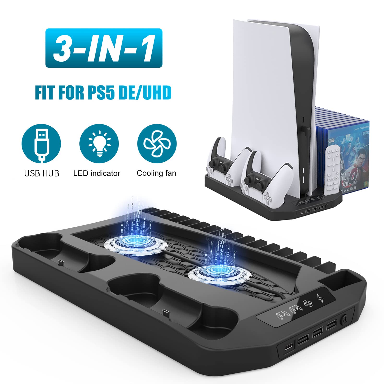 PS5 Vertical Stand Cooling Fan Charging Station with 3 USB HUB for Playstation 5 Controller Indicator Lamps Console Station and Dual PS5 Joystick Charging Dock Accessories 16 Game Storage
