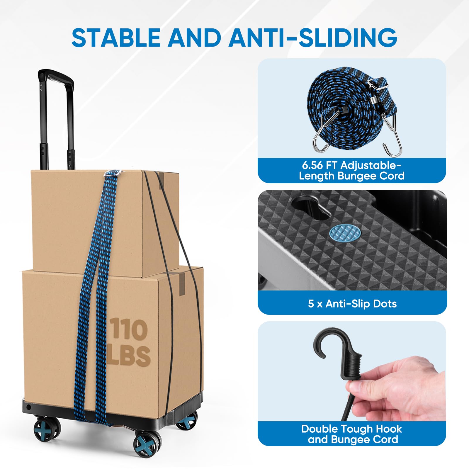 TICONN Folding Hand Truck Dolly, Portable Dolly with Adjustable Handle,Lightweight Luggage Utility Cart with 4 Rotate Wheels