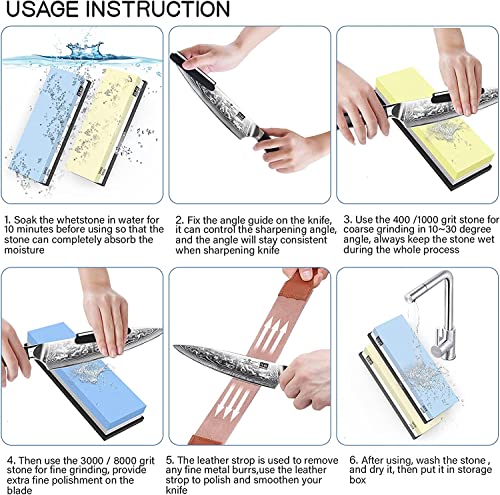 Sharpening Stone Set with Wood Storage Box, SHAN ZU Whetstone Dual Grit 400/1000 & 3000/8000 Knife Sharpener Stone Includes Non-Slip Rubber Strip & Flattening Stone & Angle Guide & Leather Razor Strop