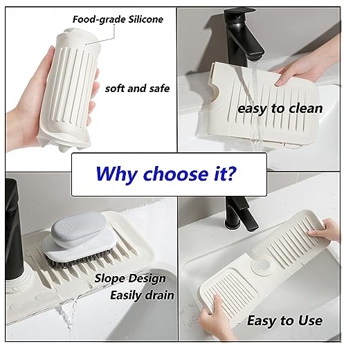 MOODKEY Kitchen Sink Splash Guard Sponge Holder for Kitchen Sink Silicone Faucet Handle Drip Catcher Tray Sink Protector for Kitchen Sink Faucet Mat Fits the Faucet Tube within 2.5"(Off-white, 14.6'')