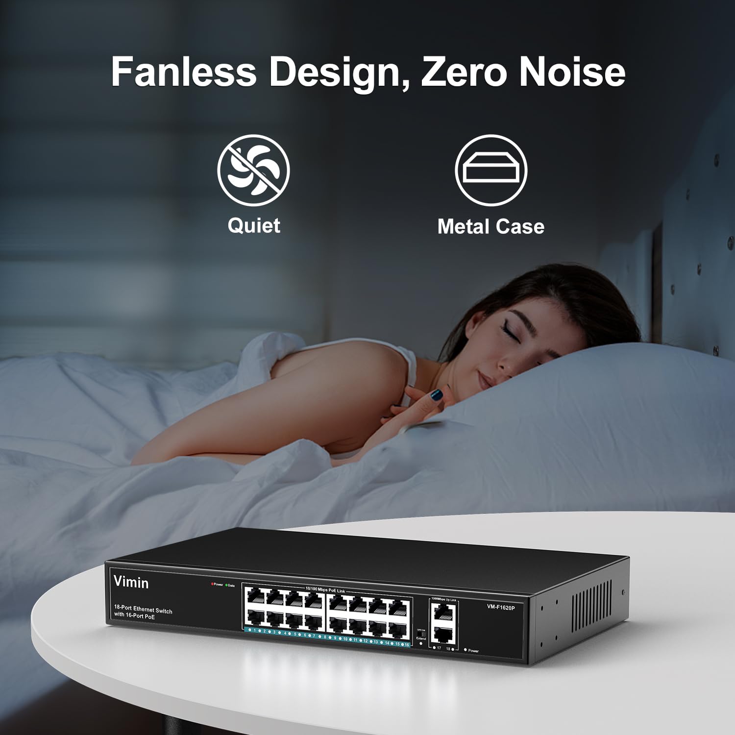 VIMIN 18 Port PoE Switch with 2 Gigabit Uplink Ports, 16 Port 10/100Mbps PoE Ethernet Network Switch Unmanaged Support IEEE802.3af/at, Extend 250m, Vlan, 250W PoE Budget, Metal Case, Rackmount