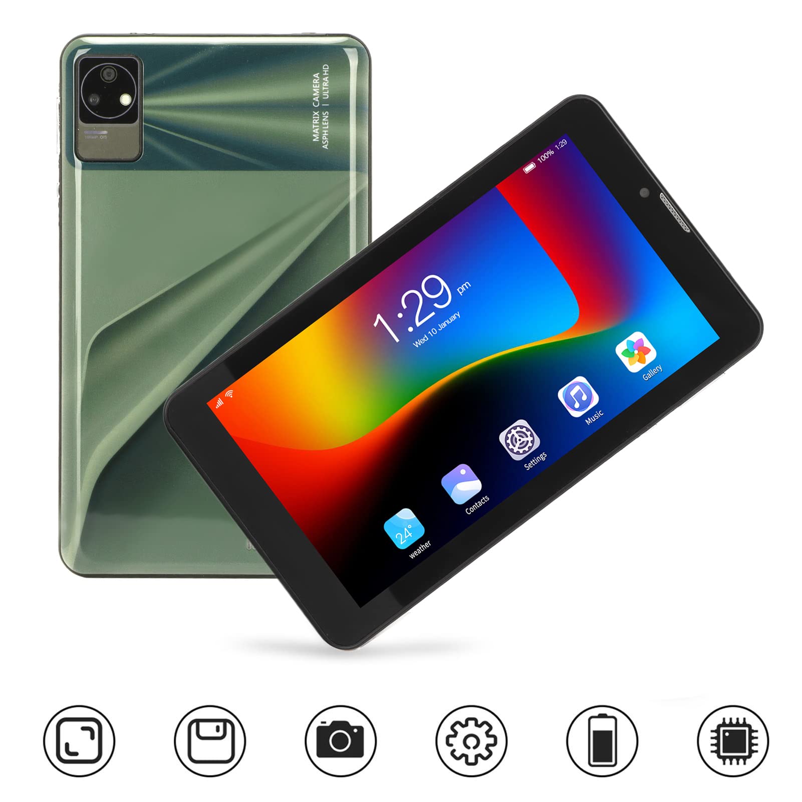 Naroote 7 Inch Call Tablet, MT6592 Octa Core HD Tablet Green Front 500W Back 800W 1960x1080 HD for Playing Games for Android 10.0 (US Plug)