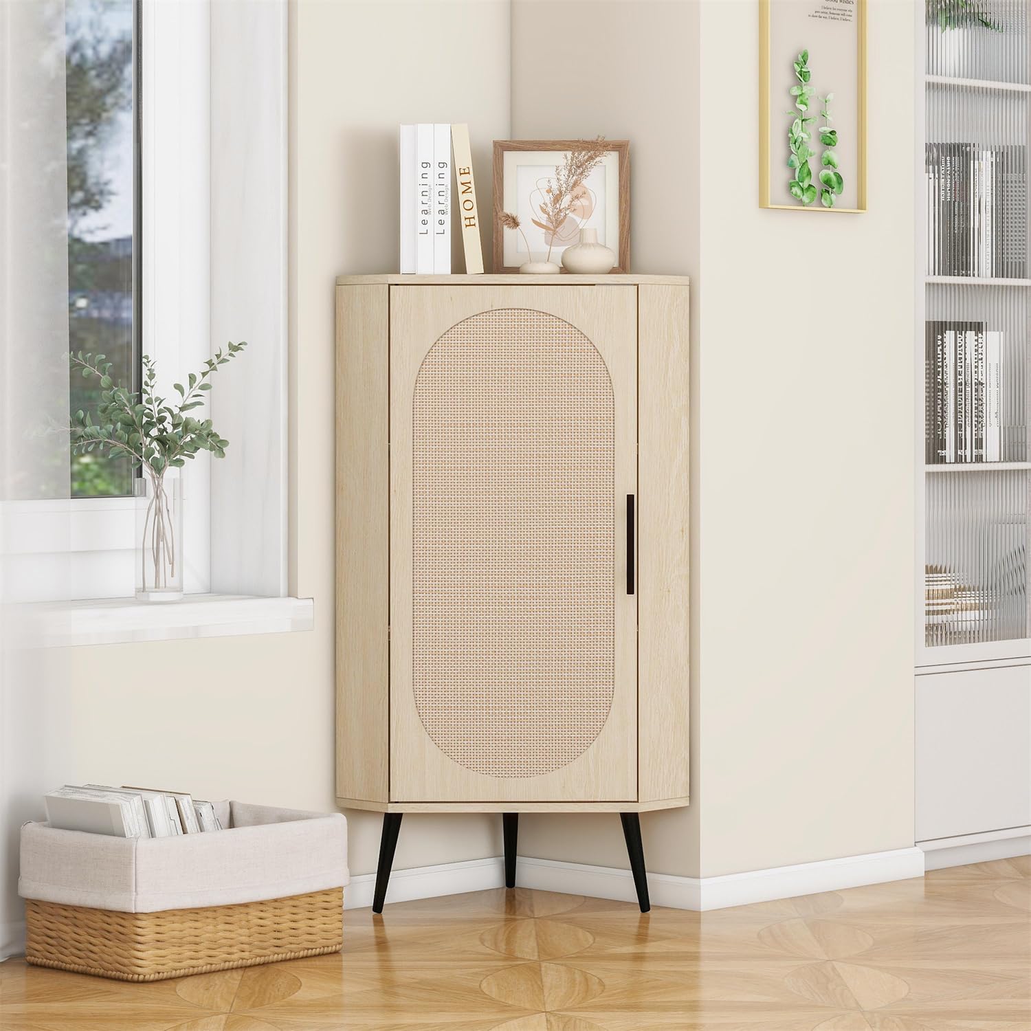 ZeHuoGe Corner Storage Cabinet w/Rattan Door,Corner Display Cabinet with Cane Webbing,Floor Corner Cabinet w/Storage Shelves for Living Room,Kitchen