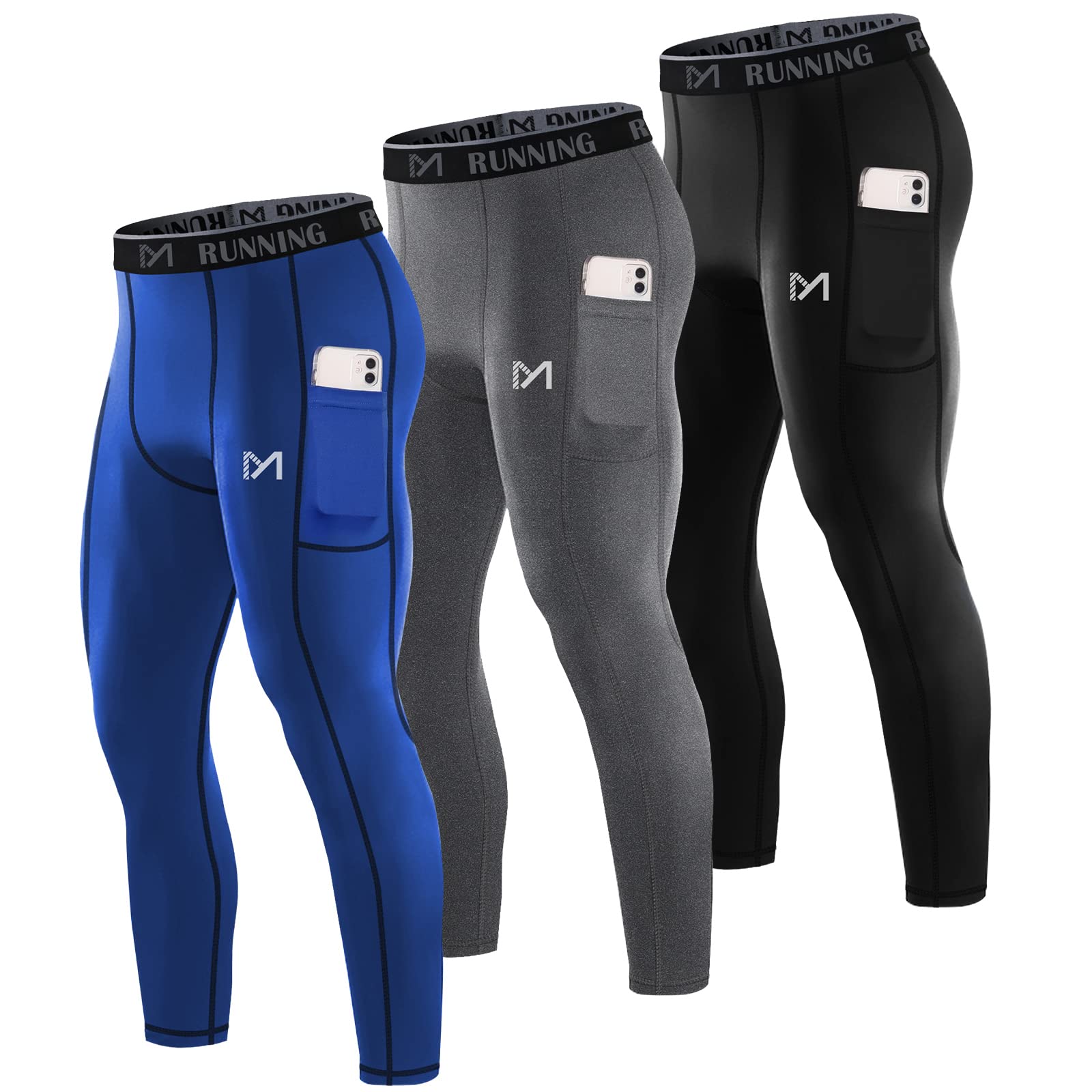 MEETYOO Men's Compression Pants with Pockets, Cool Dry Long Base Layer Underwear, Sport Workout Running Leggings Gym Tights