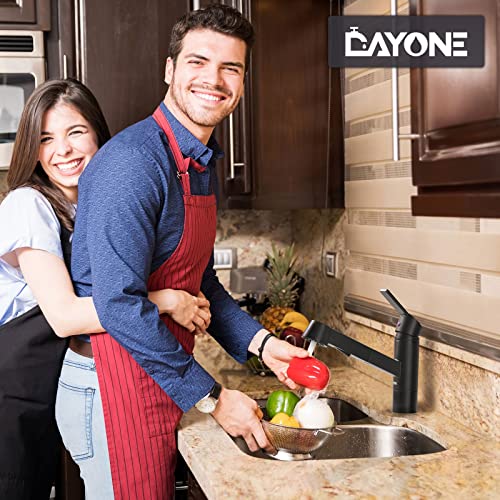 Matte Black Kitchen Faucet with Pull-Out Sprayer for RV, DAYONE Modern Single Hole Bar Kitchen Faucets, with Deck Plate for 1/3 Holes Installation, DAY-248MB