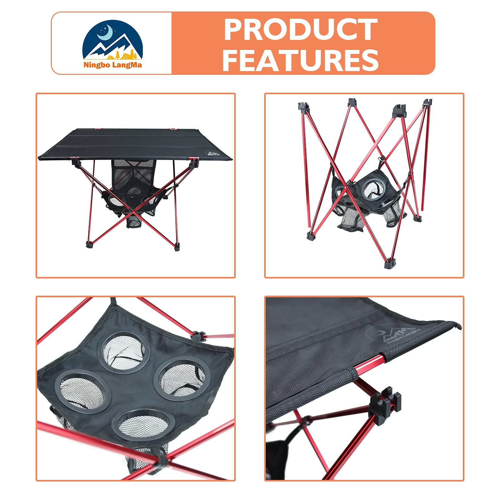 Ningbolangma Folding Camping Table, Outdoor Small Folding table with 4 Cup Holders and Carrying Bag Lightweight Outdoor Picnic Table Great for Backpacks, Beach, Tailgate, BBQ, Beach, Fishing