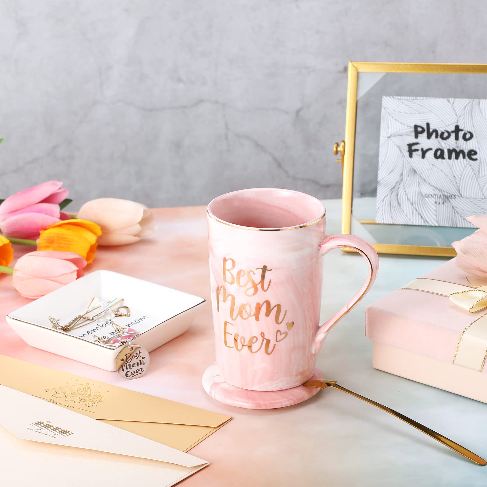 Nuanchu 3 Pcs Mother's Day Gifts for Mom Include Best Mom Ever Coffee Mug Remember I Love You Mom Ceramic Ring Dish Best Mom Ever Keychain for Mom from Daughter and Son
