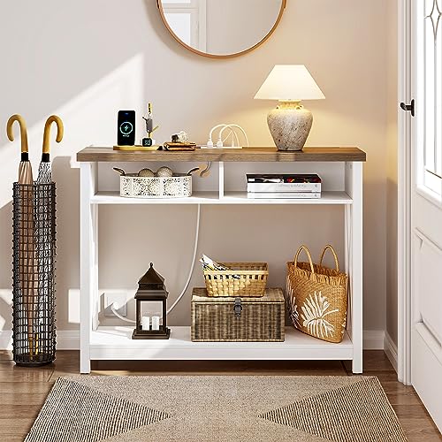 YITAHOME Farmhouse Console Table for Entryway with Charging Station, 40 inch Entryway Tables with Storage Shelf Narrow Sofa Table for Entryway, Living Room, Hallway, Grey Wash