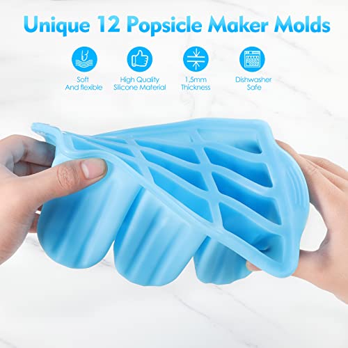 Popsicle Molds Silicone BPA-free,12 Pieces Popsicle Trays for Freezer,Homemade Ice Cream Popsicle Molds,Large Ice Pop Maker Set,Reusable Ice Lolly Mould with 100PCS Popsicle Sticks