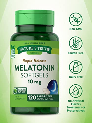 Melatonin 10mg | Quick Release Softgel Capsules | 120 Count | Non-GMO & Gluten Free Supplement | by Nature's Truth