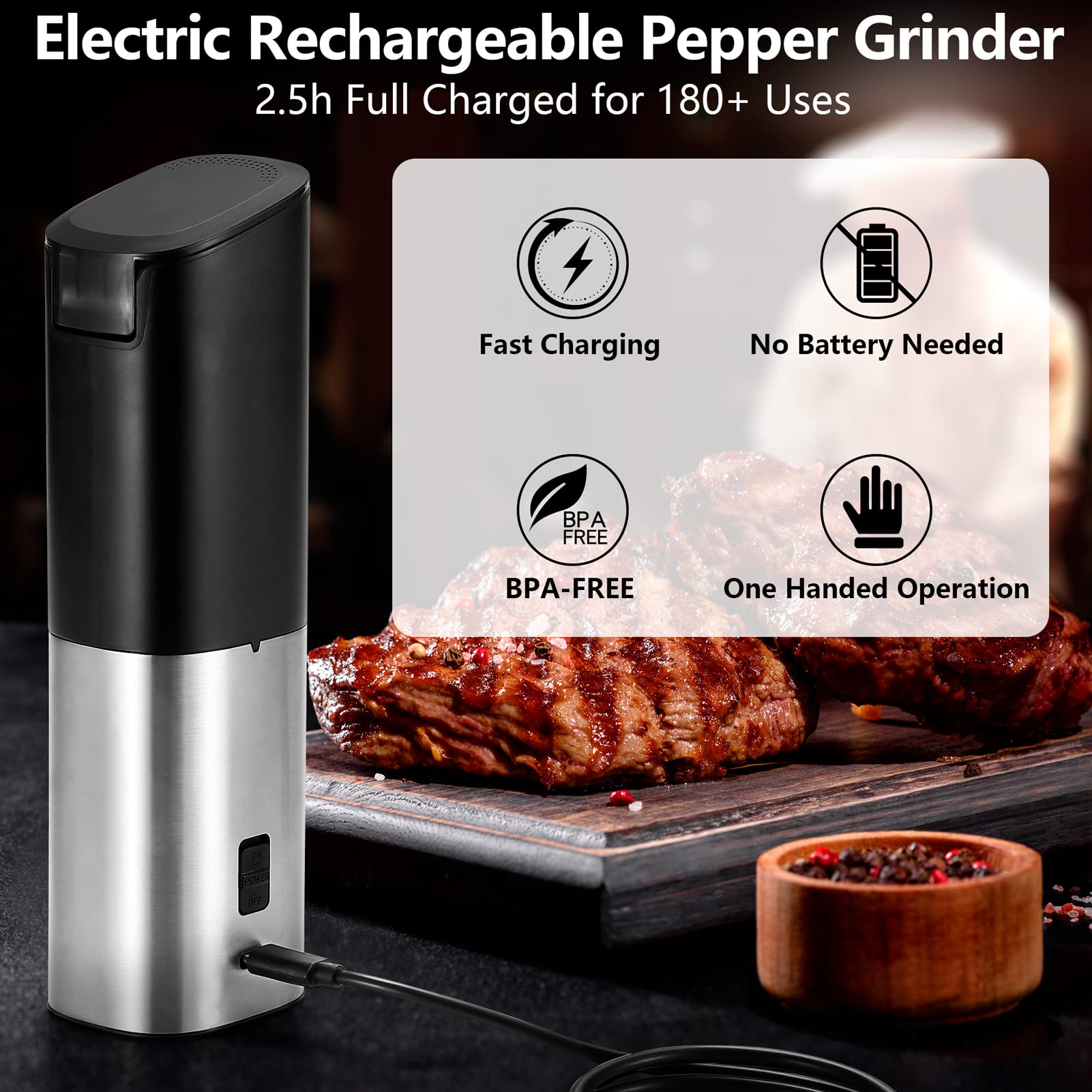 Rechargeable Salt or Pepper Grinder,NisuAM Gravity Automatic Pepper Mill with White LED light, One Handed Operation Spice Grinder ,Upgraded Salt Grinder Adjustable Coarseness, Refillable, No Battery