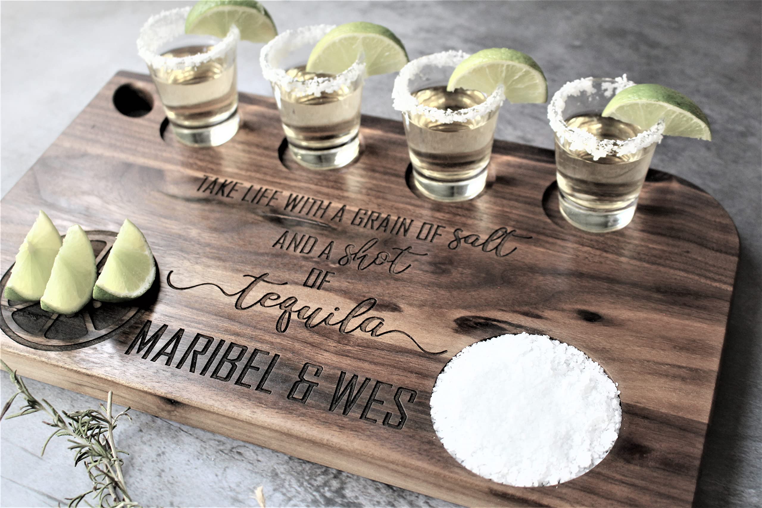 Personalized Tequila Wood Flight Cutting Charcuterie Board for Birthday Fathers Day Mothers Day Wedding Bridal Shower Engagement Gift (Walnut)