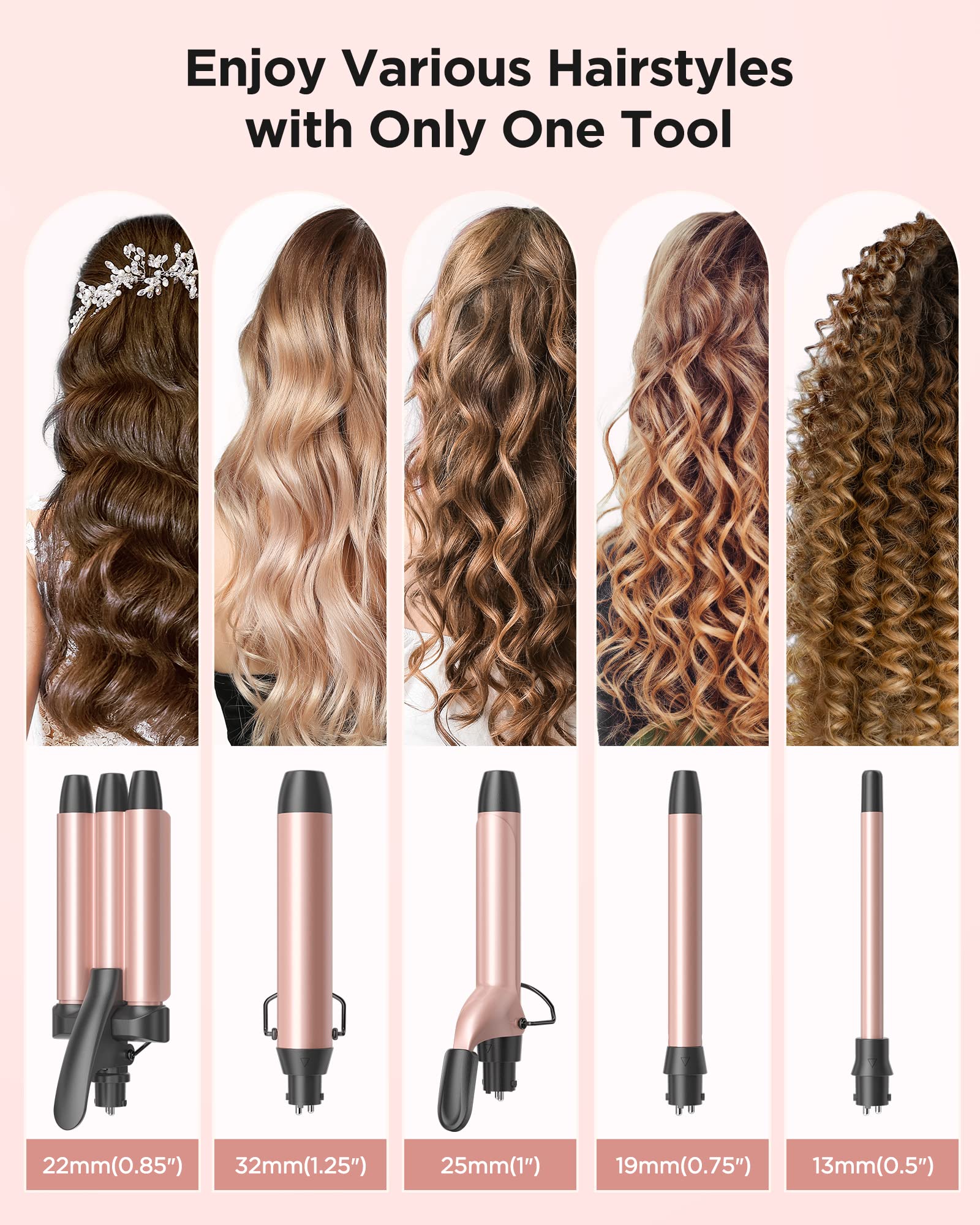Wavytalk 5 in 1 Curling Iron Set with Three Barrel Curling Iron and 4 Interchangeable Ceramic Fast Heating Wand Curling Iron, Dual Voltage Hair Waver (Rose Gold)