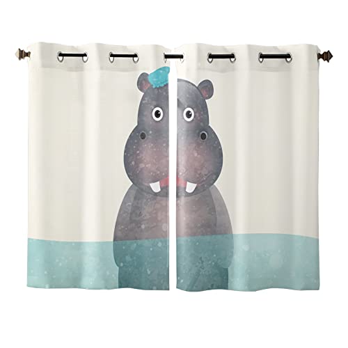 Possta Decor Window Curtain Drape Cartoon Hippo Blue Stream,Durable Panel Set with Grommet Top,Grey Animal River Horse Machine Washable Window Treatments for Kitchen Living Room