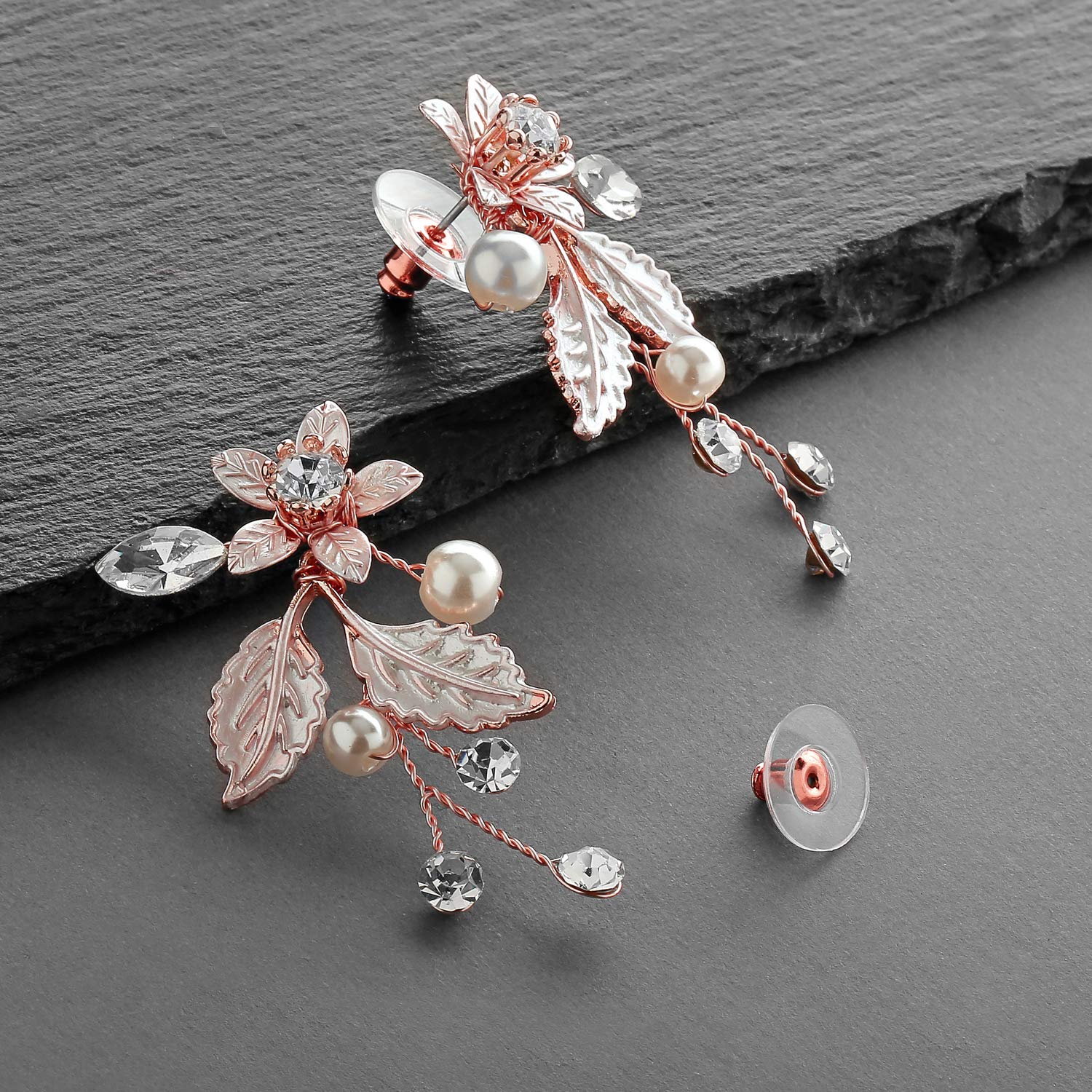 Mariell Bridal and Wedding Rose Gold Handmade Dangle Earrings with Clear Crystal Gems and Ivory Pearls