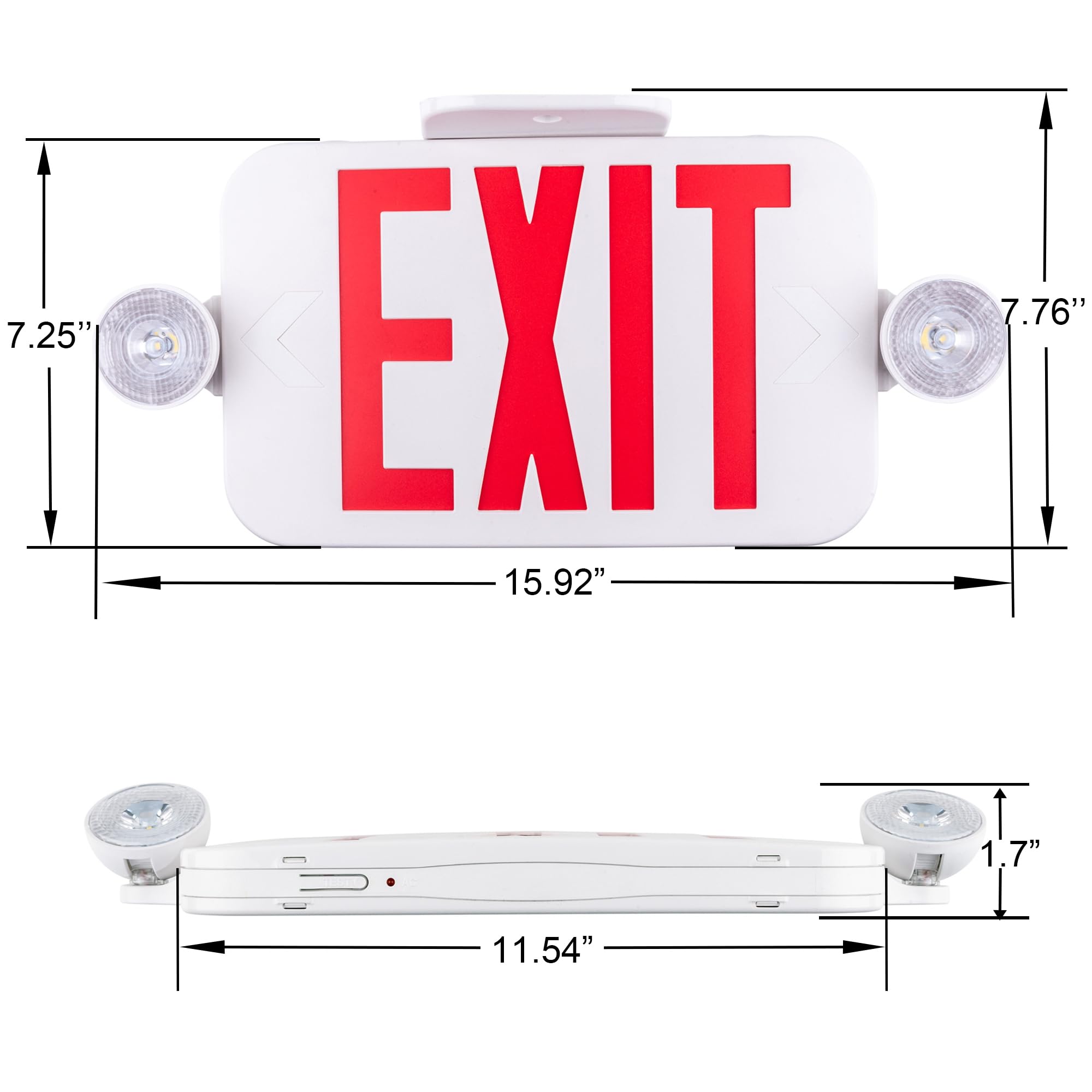 LIT-PaTH LED Combo EXIT Sign with 2 Adjustable Head Lights and Back Up Batteries- US Standard Red Letter Emergency Exit Lighting, UL 924 and CEC Qualified, 120-277 Voltage, 4-Pack