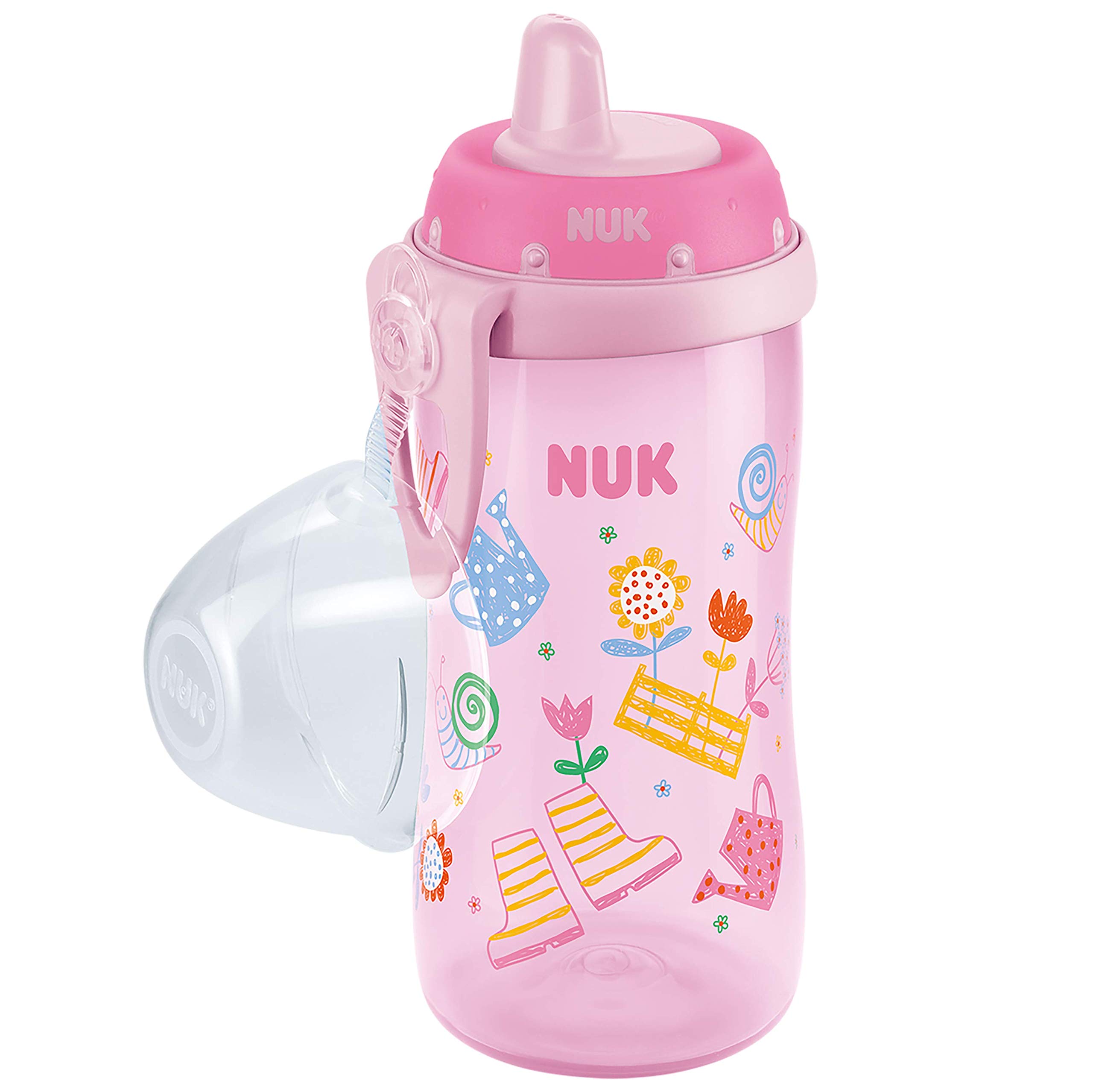 NUK First Choice+ Kiddy Cup Toddler Cup | 12 Months+ | Leak-Proof Toughened Spout | Clip & Protective Cap | BPA-Free | 300 ml | Pink Garden