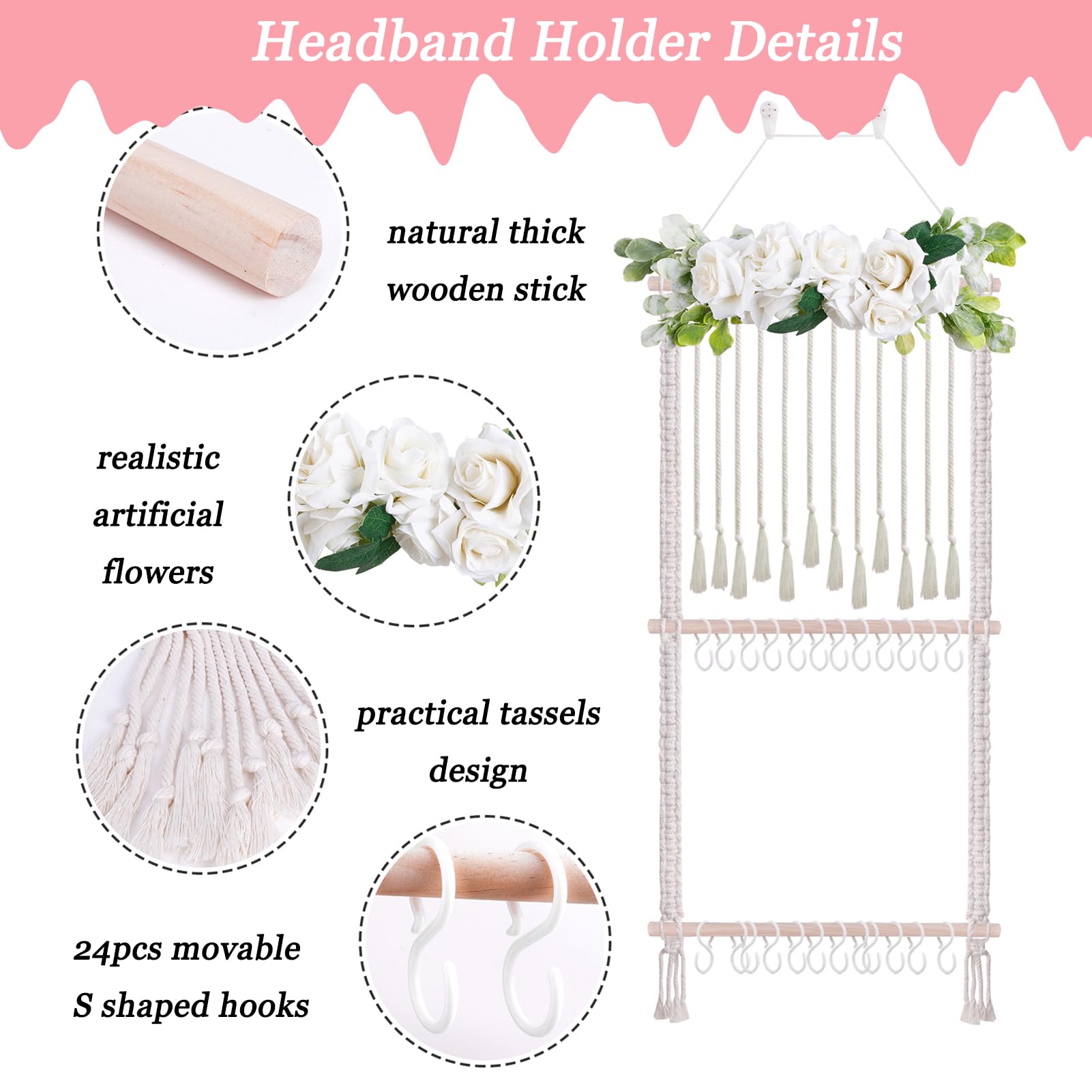 mligril Headband Holder for Girls Hair Bows, Baby Headbands Organizer Storage Hair Clips Hanger Storage Flower Boho Wall Hanging Decor for Nursery Room