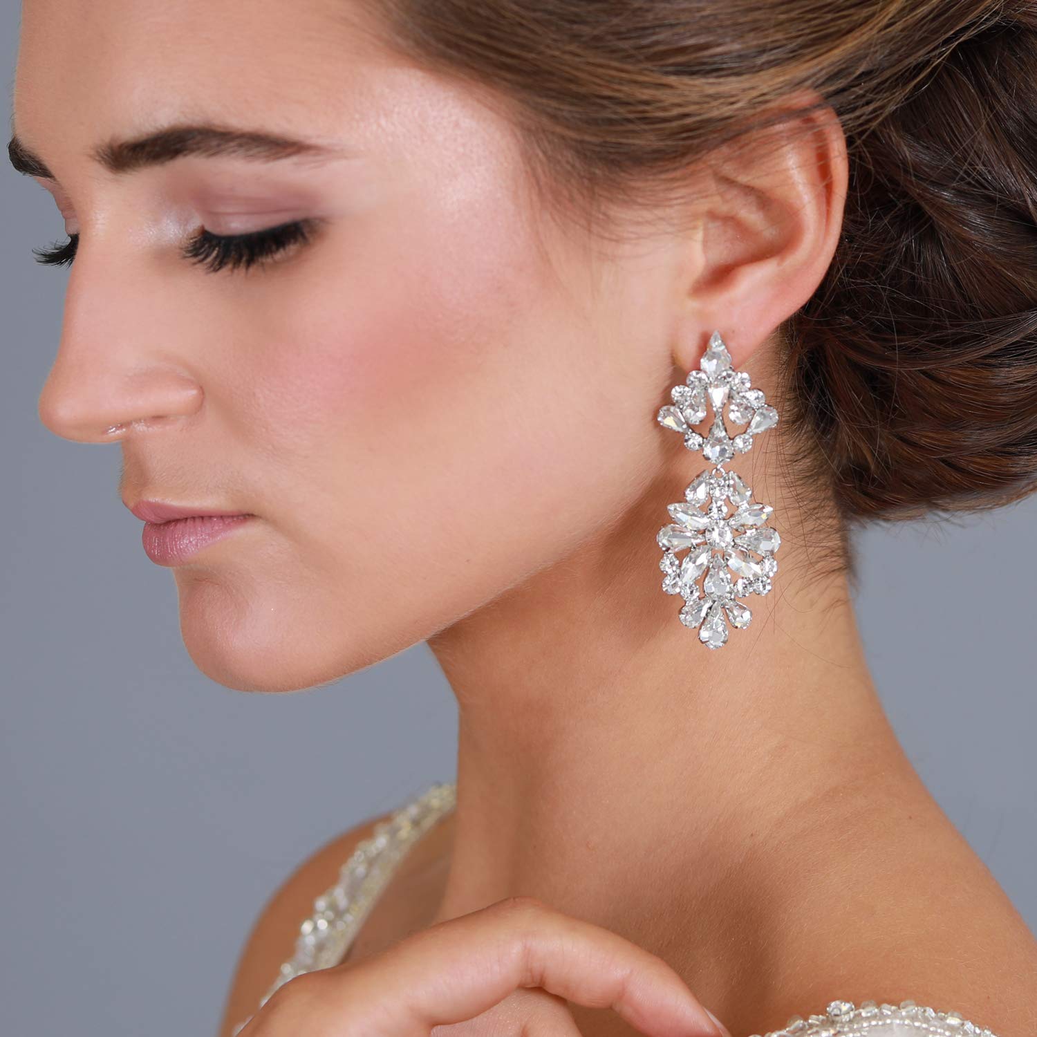 Mariell Silver Crystal Bold Statement Chandelier Dangle Earrings for Wedding, Prom, Pageant & Bridesmaids