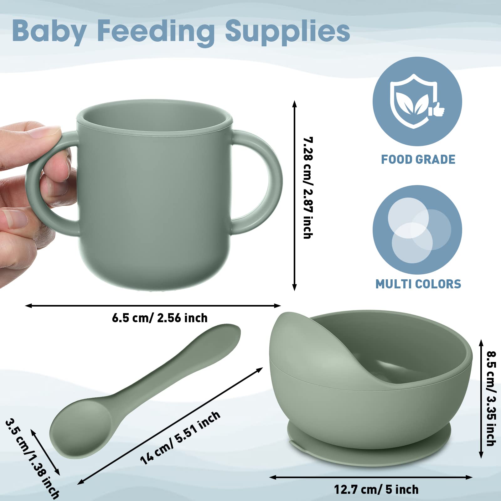 Zopeal 6 Pack Baby Suction Bowls and Training Cups Silicone Spoon Set Silicone Suction Bowl for Baby Toddler Learning Cup with Two Handles, Blue, Green and Pink