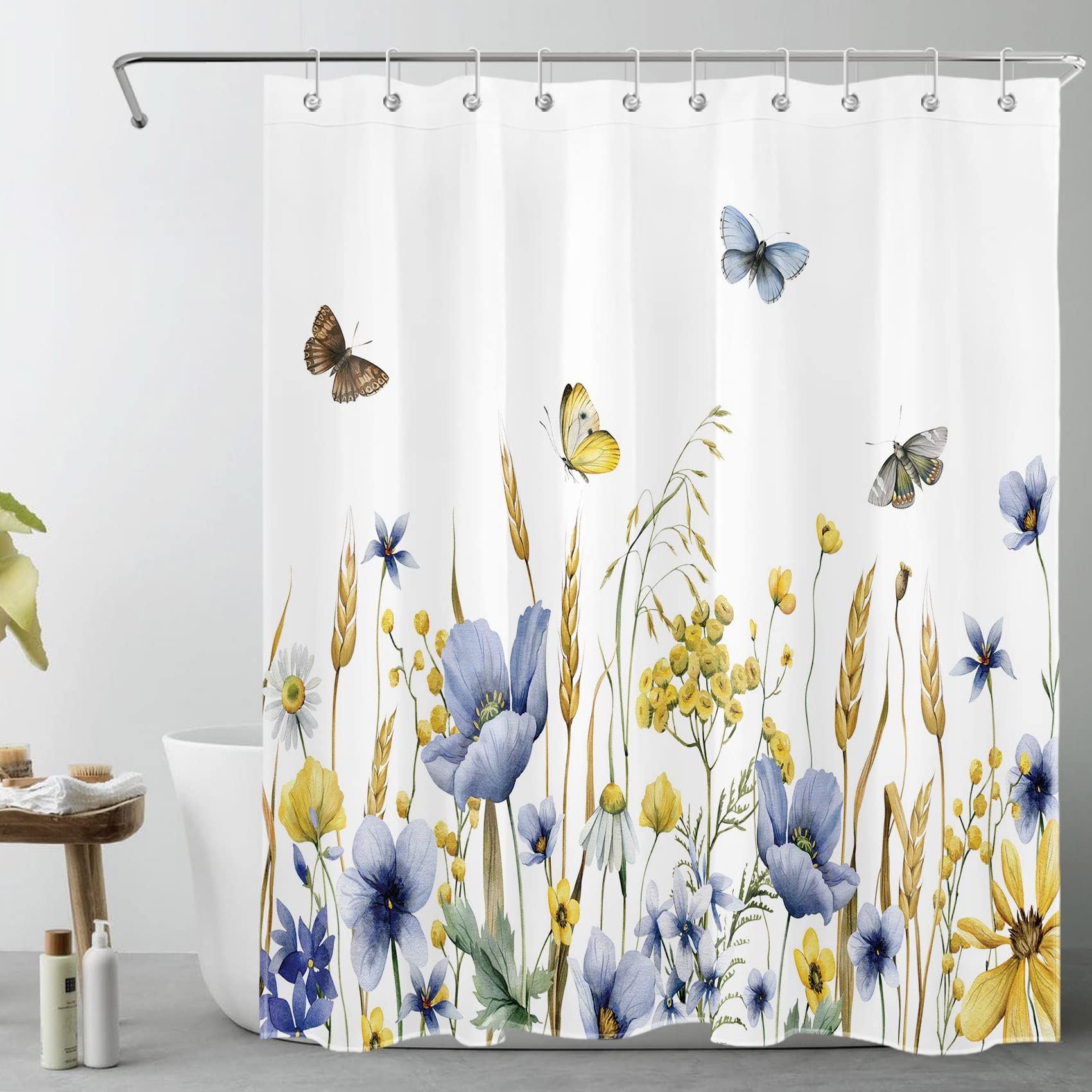 LB Blue Floral Shower Curtain for Bathroom, Watercolor Wildflower with Butterfly on White Fabric Shower Curtain with Hooks, Farmhouse Vintage Plant Bathroom Curtain Shower Set, 60" W x 72" L