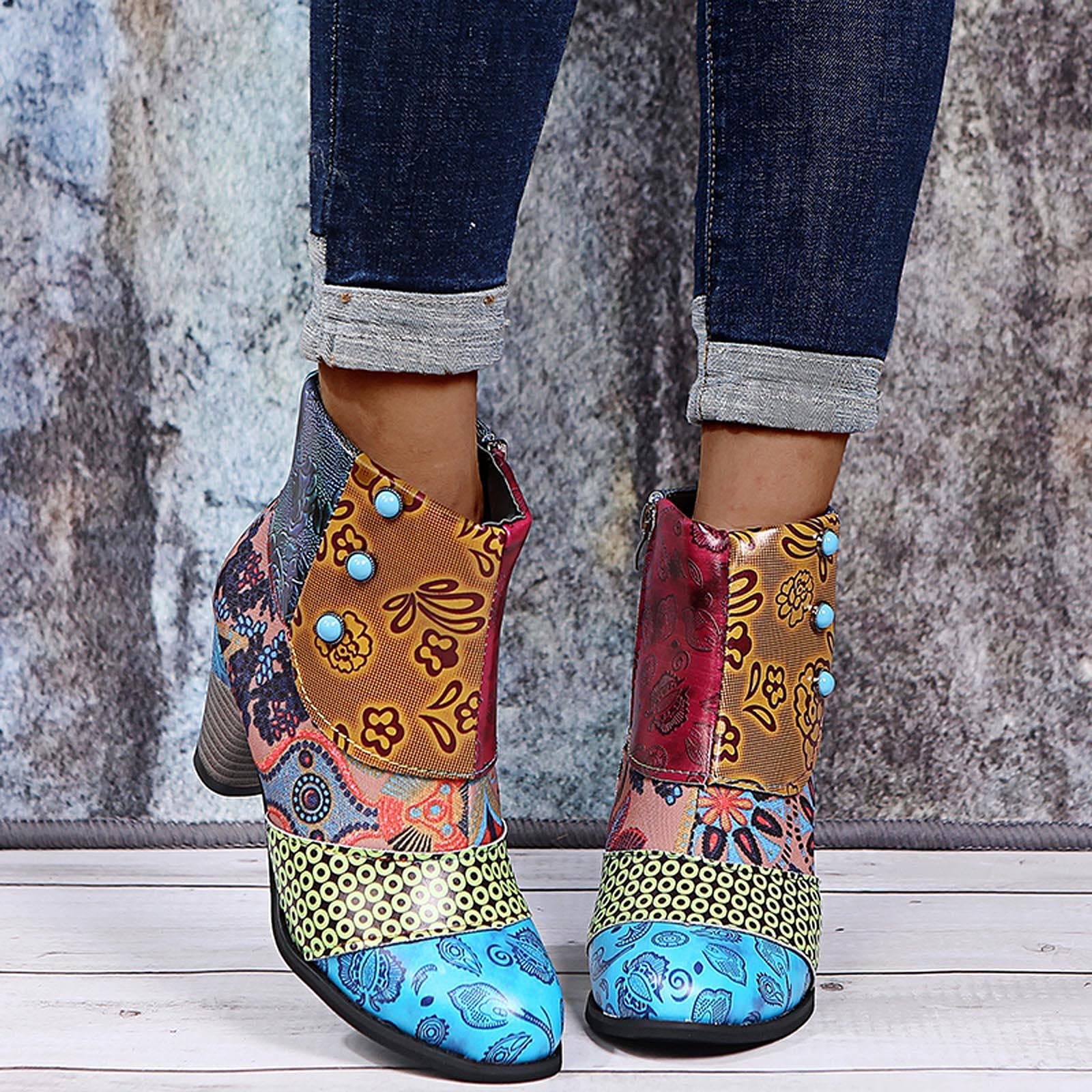 NOLDARES Cowboy Boots for Women Chunky High Heels Retro Zipper Boots Colorful Printed Booties Point-Toe Boots for Women, Multicolor, 10